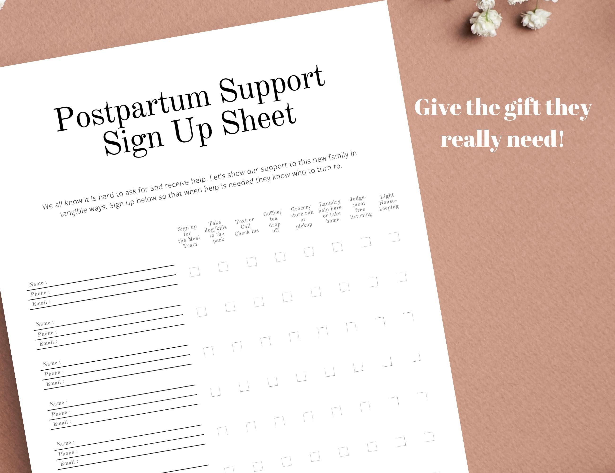 Postpartum Care Support Sign up Sheet | Baby Shower Game Activity ...