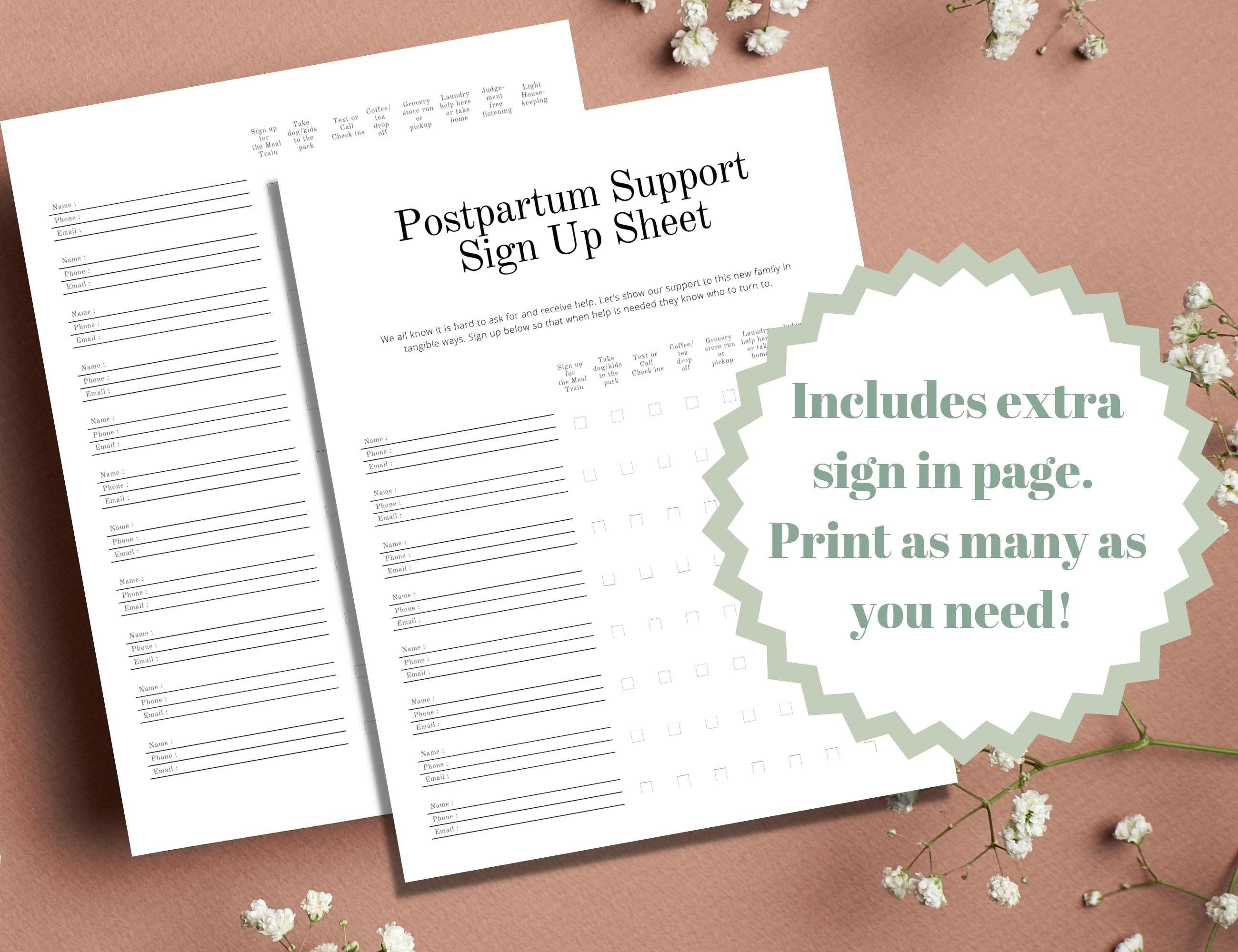 Postpartum Care Support Sign up Sheet | Baby Shower Game Activity ...