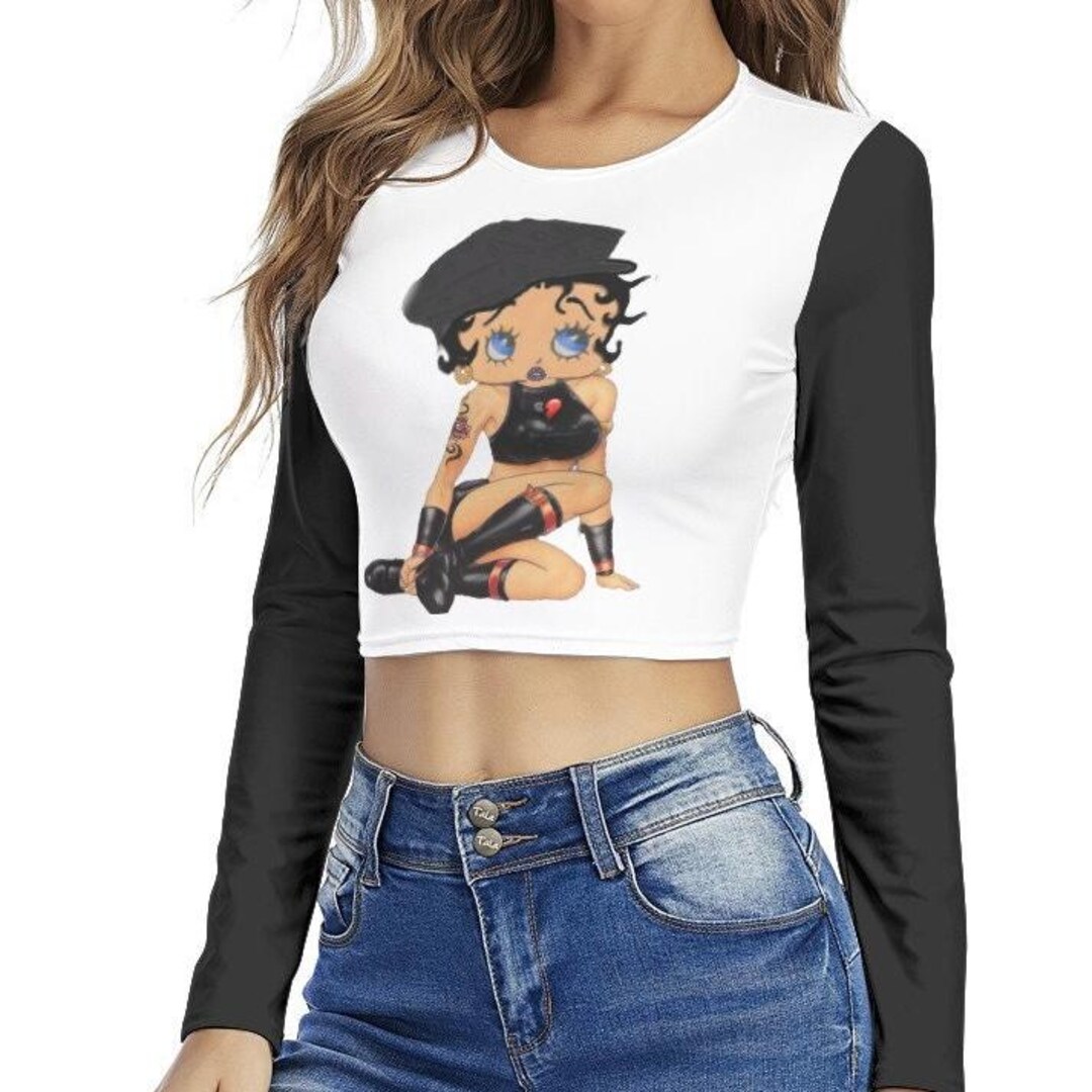 Gothic Style Betty Boop Cartoon Graphic Women's Round Neck Crop Top T ...