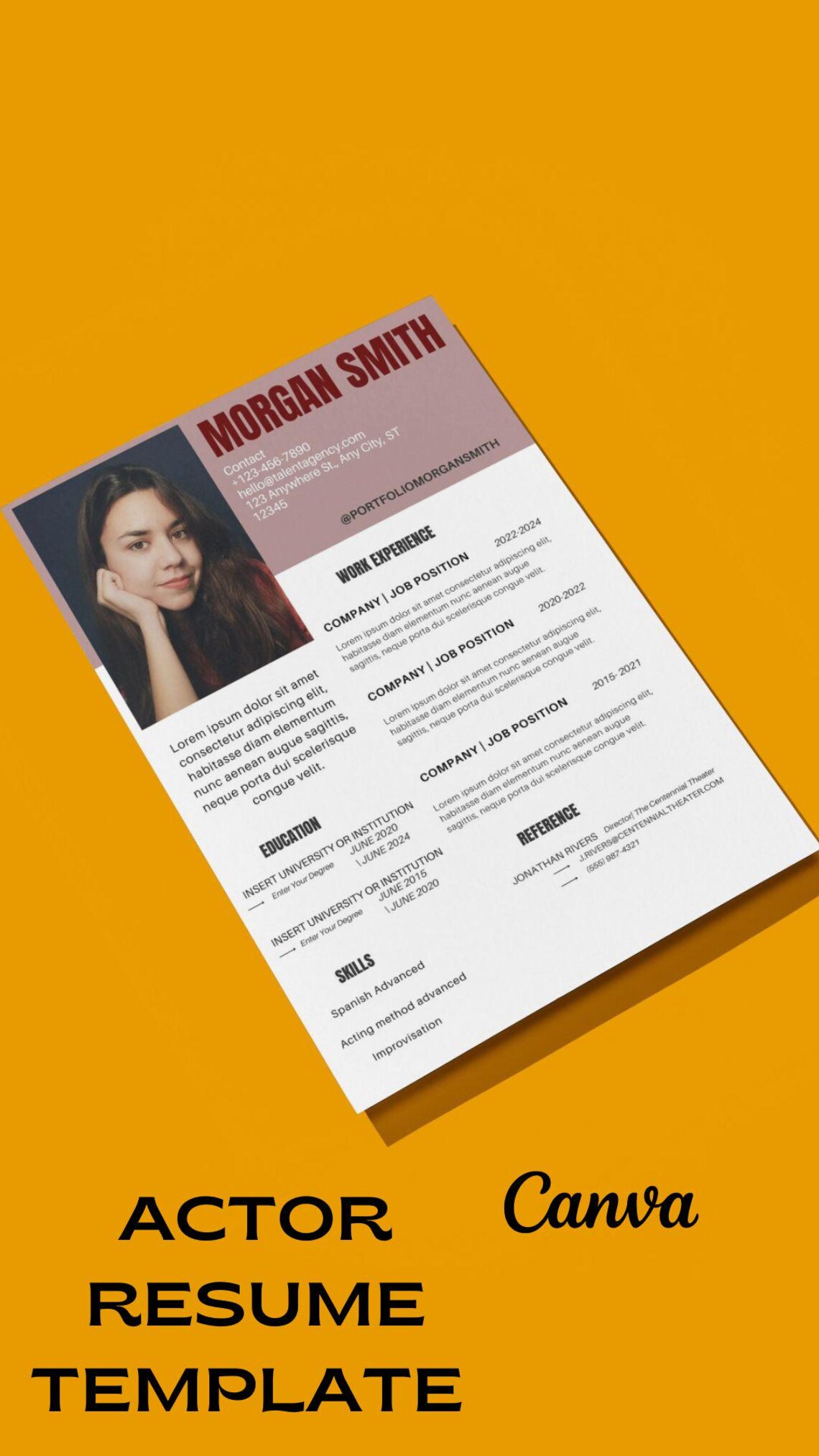 Editable Professional Actor Resume Template With Photo Editable CV for ...