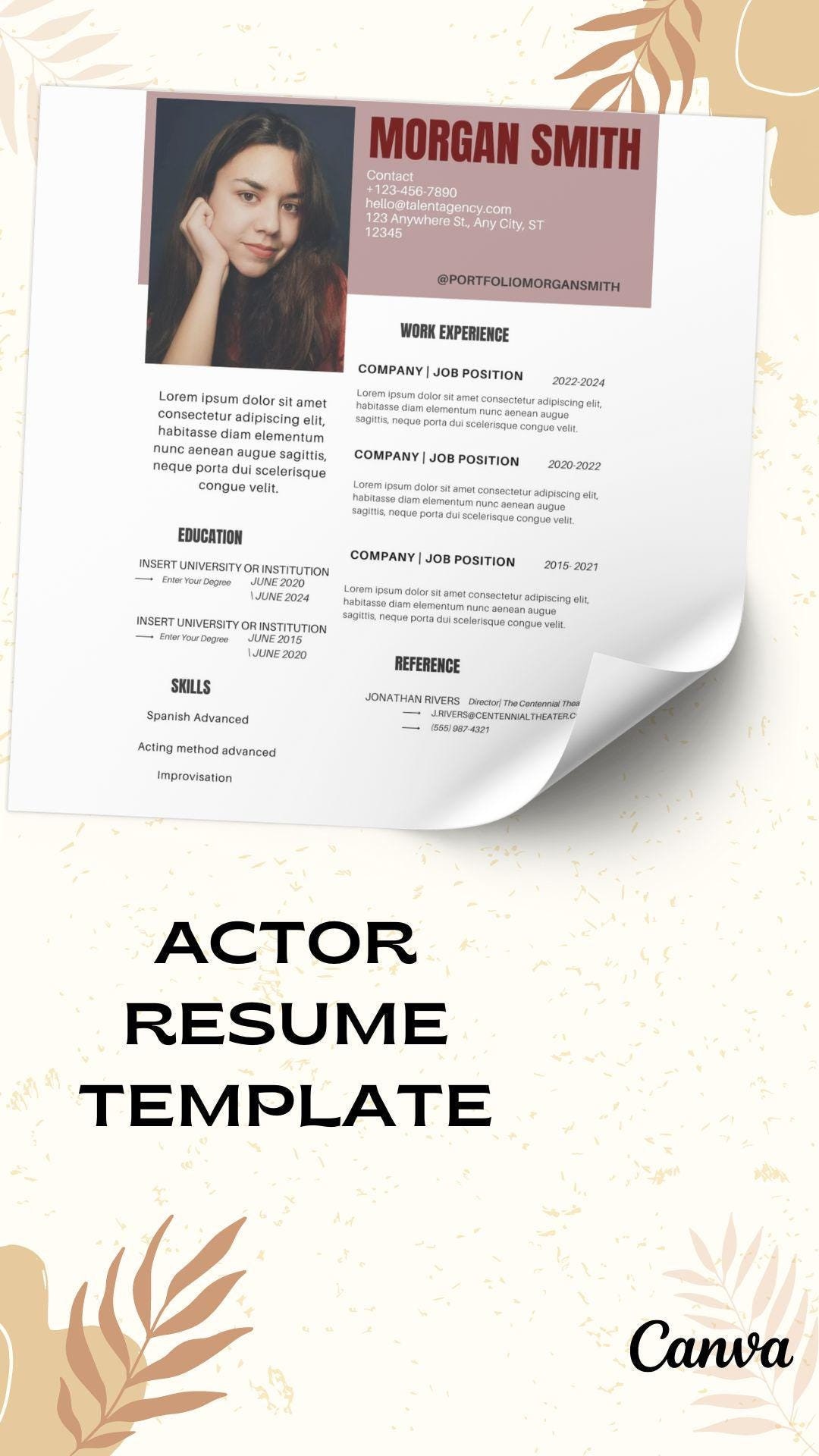 Editable Professional Actor Resume Template With Photo | Editable CV ...