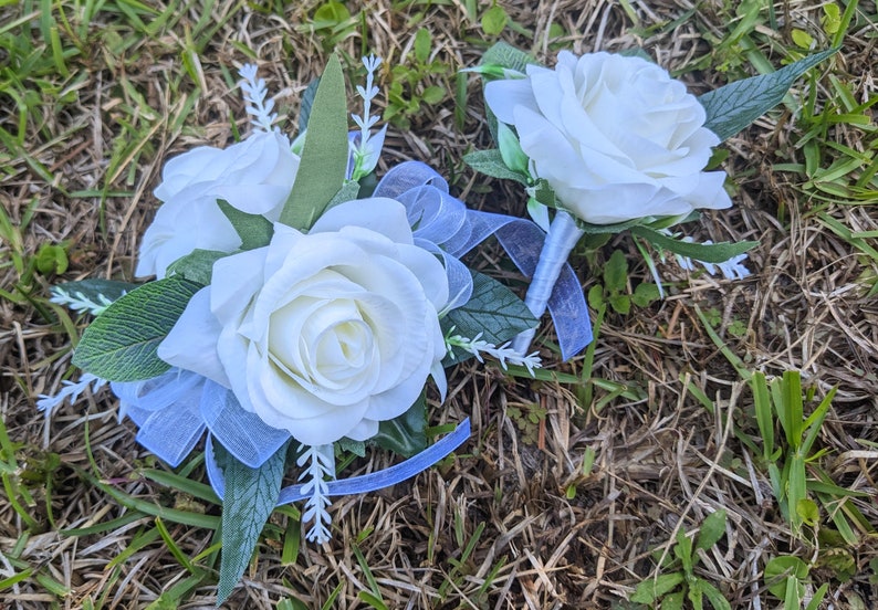 Prom Corsage and Boutonniere Set (2pc) White Real Touch Latex Rose ...