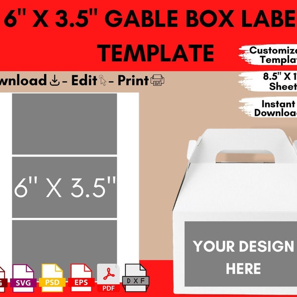 Gable Box Label Template, 4 X 2.5, Blank Party Favor Gift Box Label ...