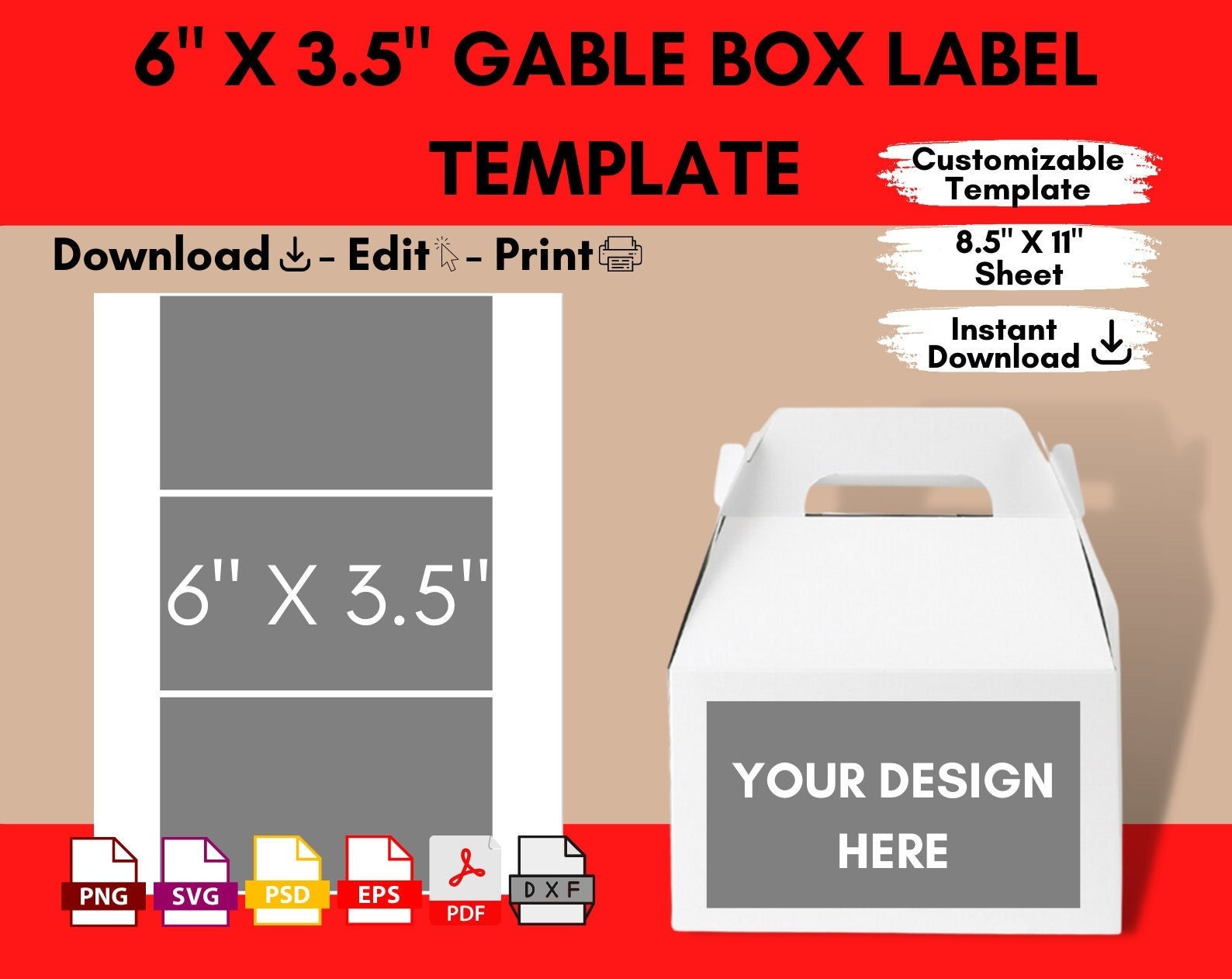 Gable Box Label Template, 6" X 3.5", Blank Party Favor Gift Box Label ...