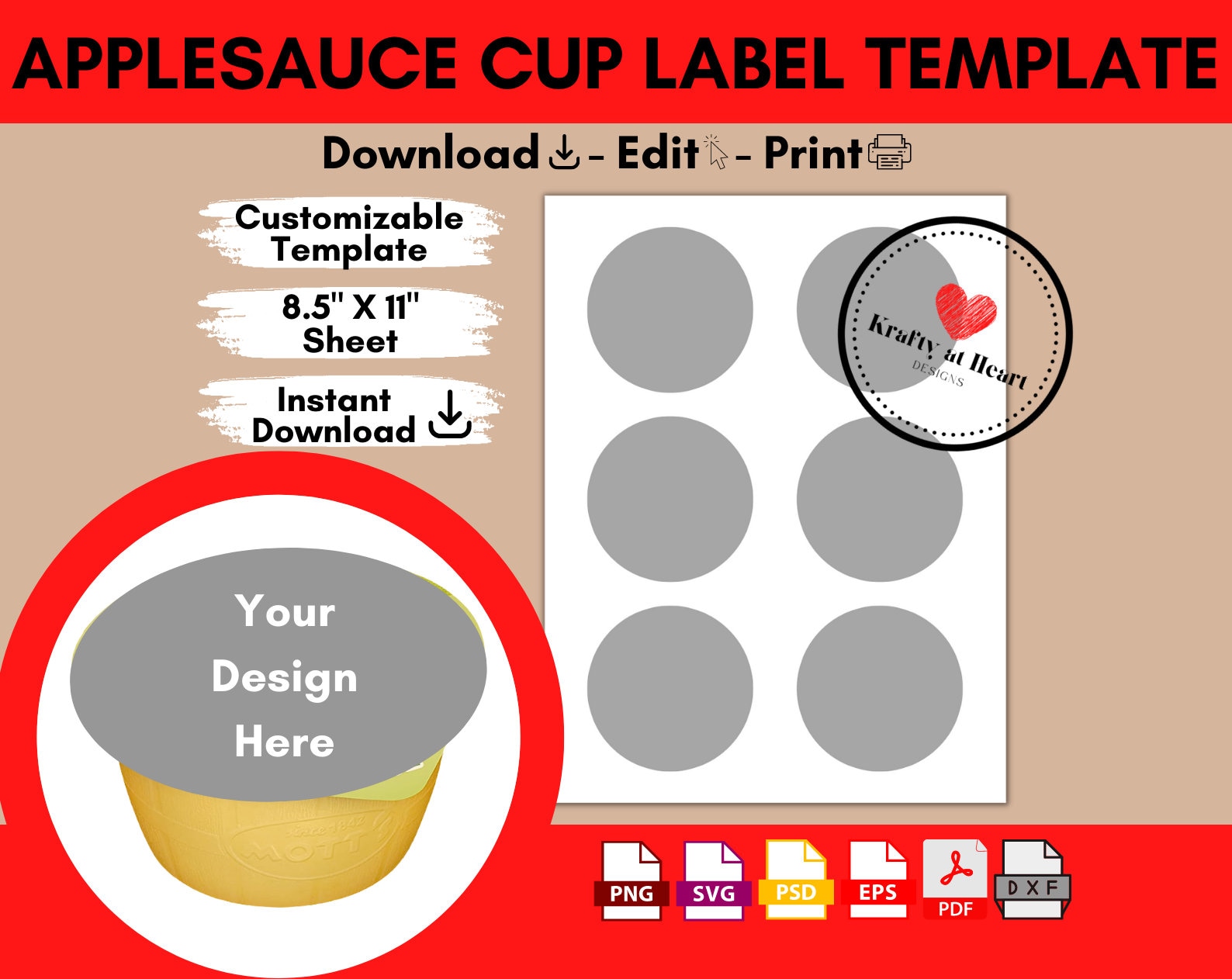 Applesauce Cup Label Template, Svg, Png, Psd, Dxf, Eps, Pdf, Canva ...