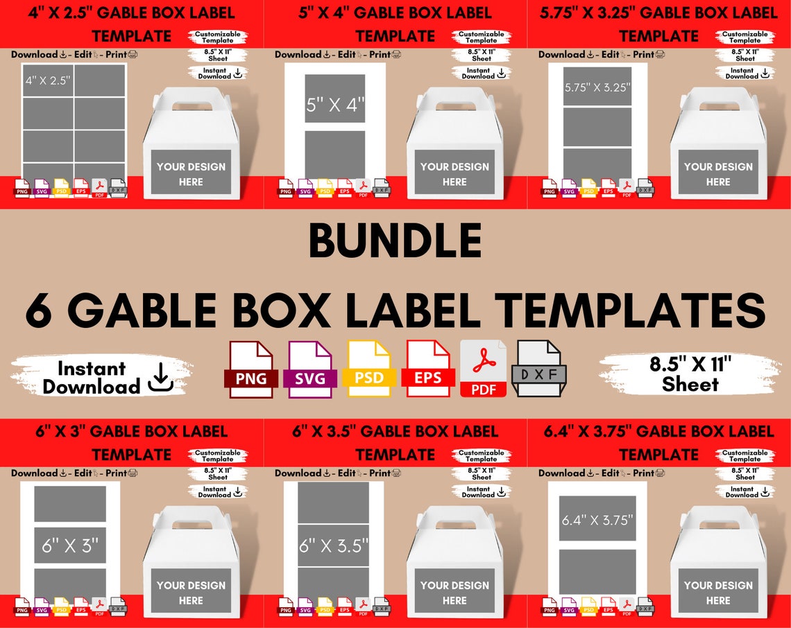 Gable Box Label Template Bundle, Blank Party Favor Gift Box Label ...
