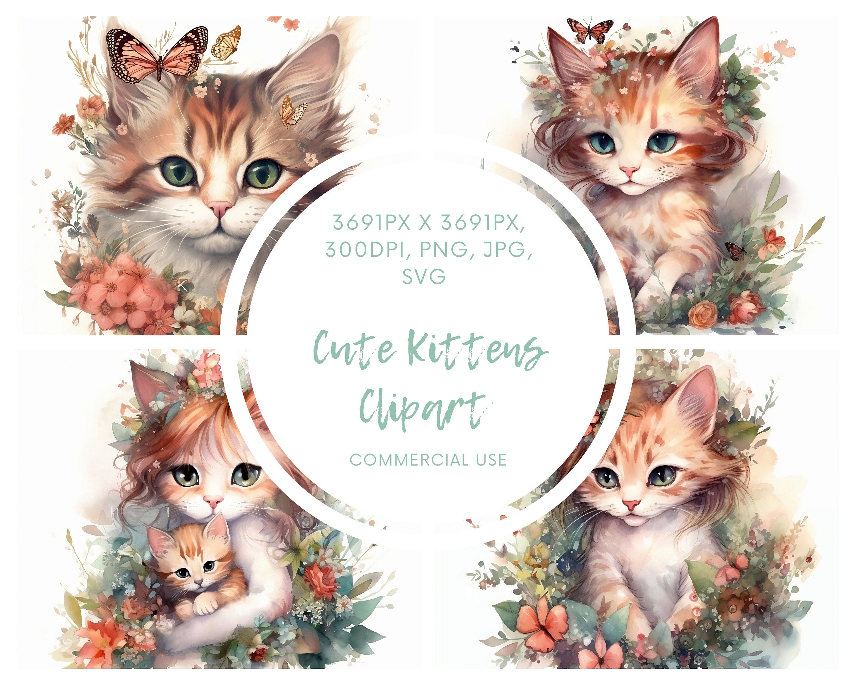 4 Watercolor Cute Kittens Clipart 3691px X 3691px for - Etsy