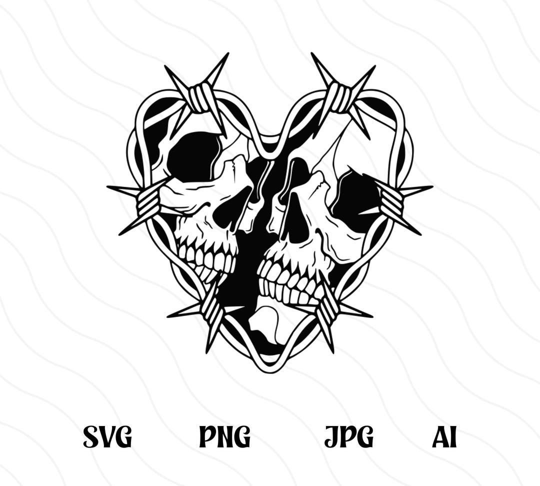 Barbed Wire Skeletons SVG PNG, Skull Heart SVG Cut File, Grunge Flash ...