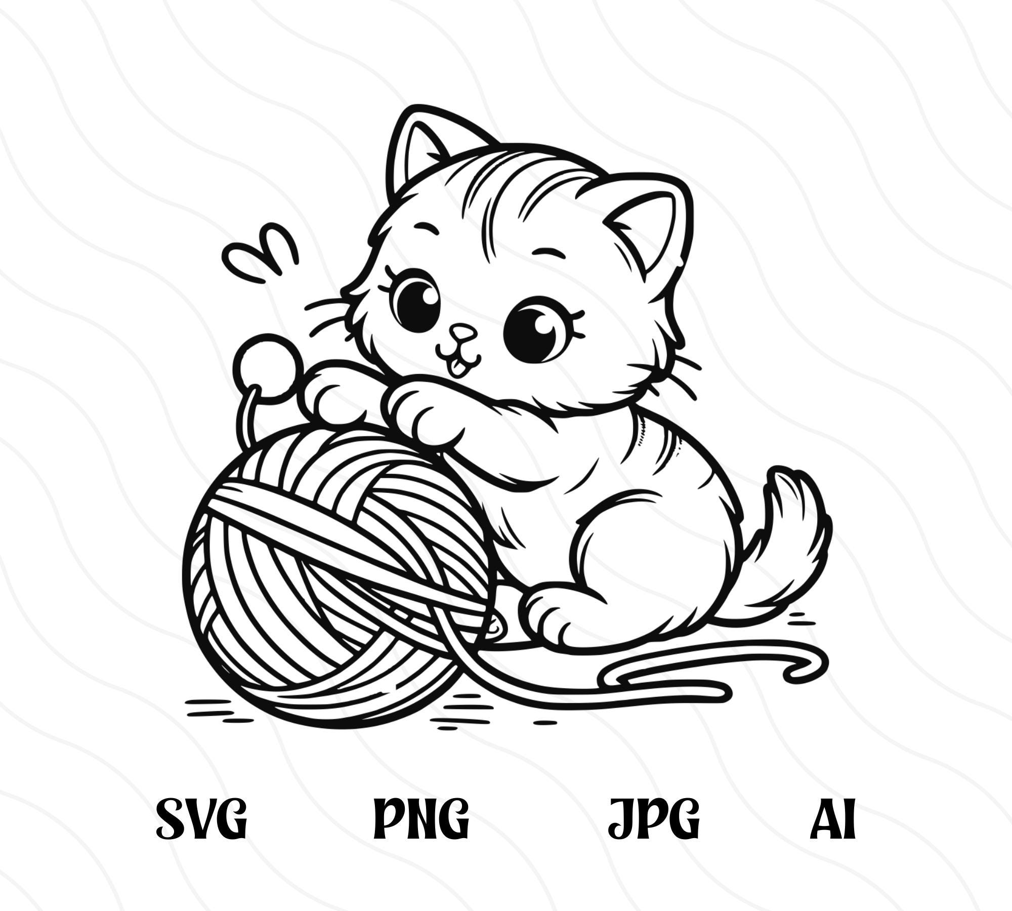 Kitten Svg Png, Kitten Playing With Yarn SVG Cut File, Cute Cartoon Cat ...