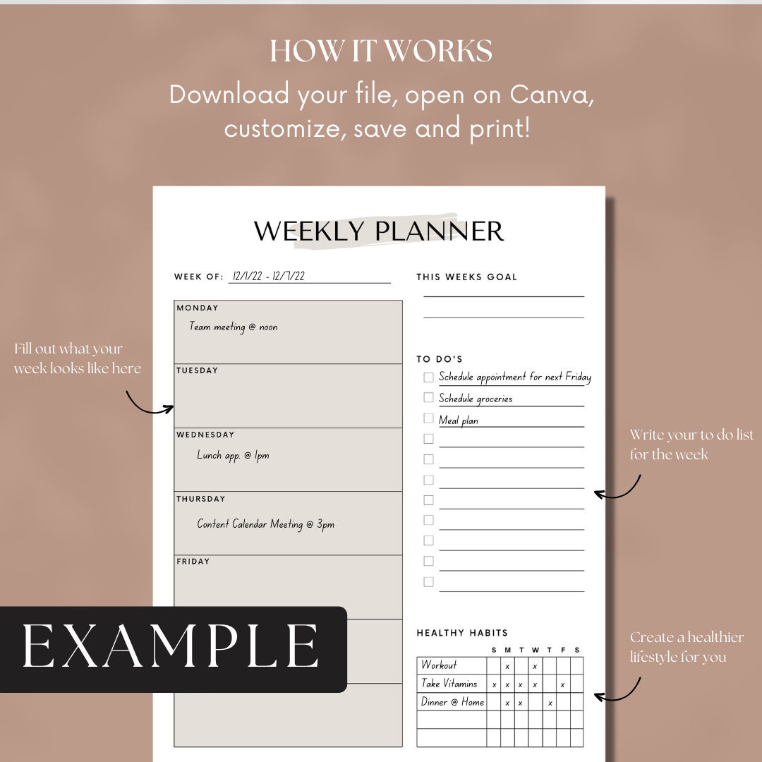 Weekly Planner Printable to Do List, Minimal Weekly Schedule, Weekly ...