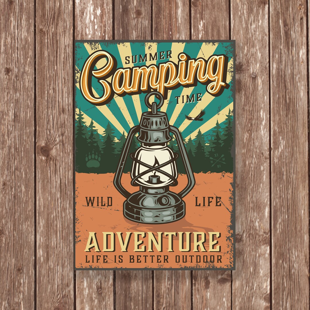 Summer Camping Adventure Metal Sign – Rustic Lantern Wild Life Outdoor ...