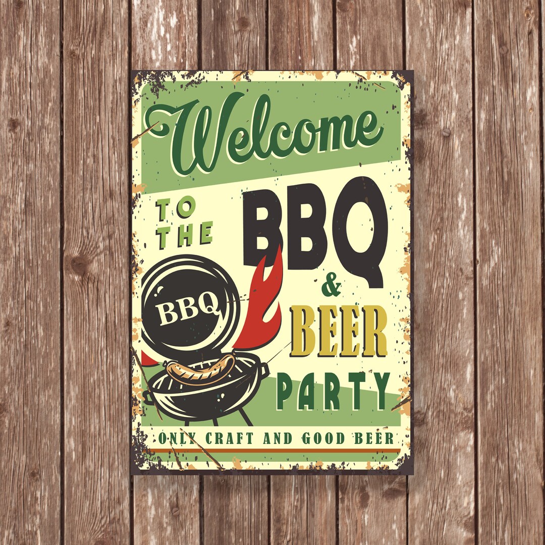 BBQ and Beer Party Sign, Retro Welcome Grill Metal Plaque, Outdoor Bar ...