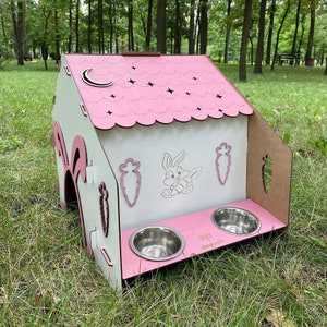 Indoor Pink Rabbit House Castle, Wooden Rabbit, Feeder, Rabbit ...