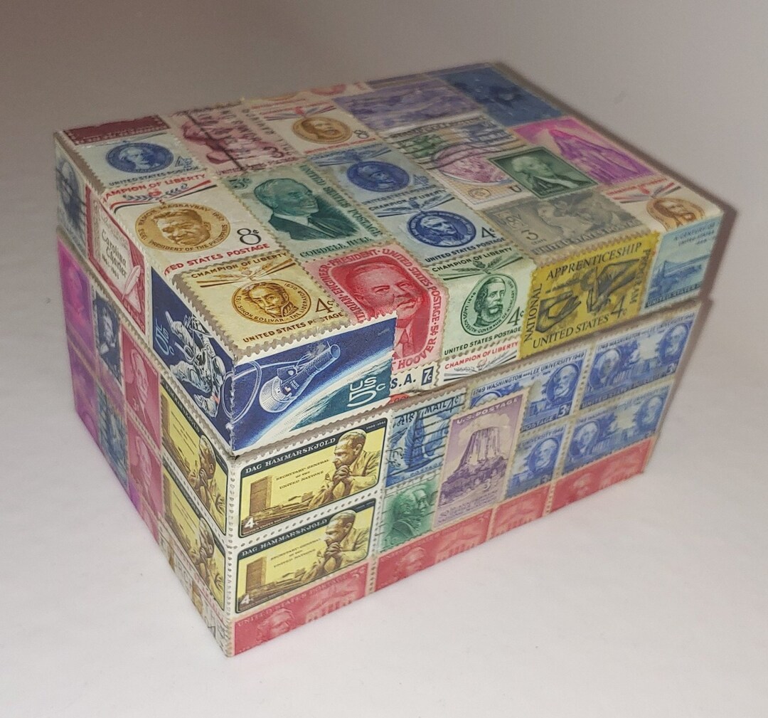 U.S. Postage STAMP BOX. Authentic Unique VINTAGE Art Functional Storage ...