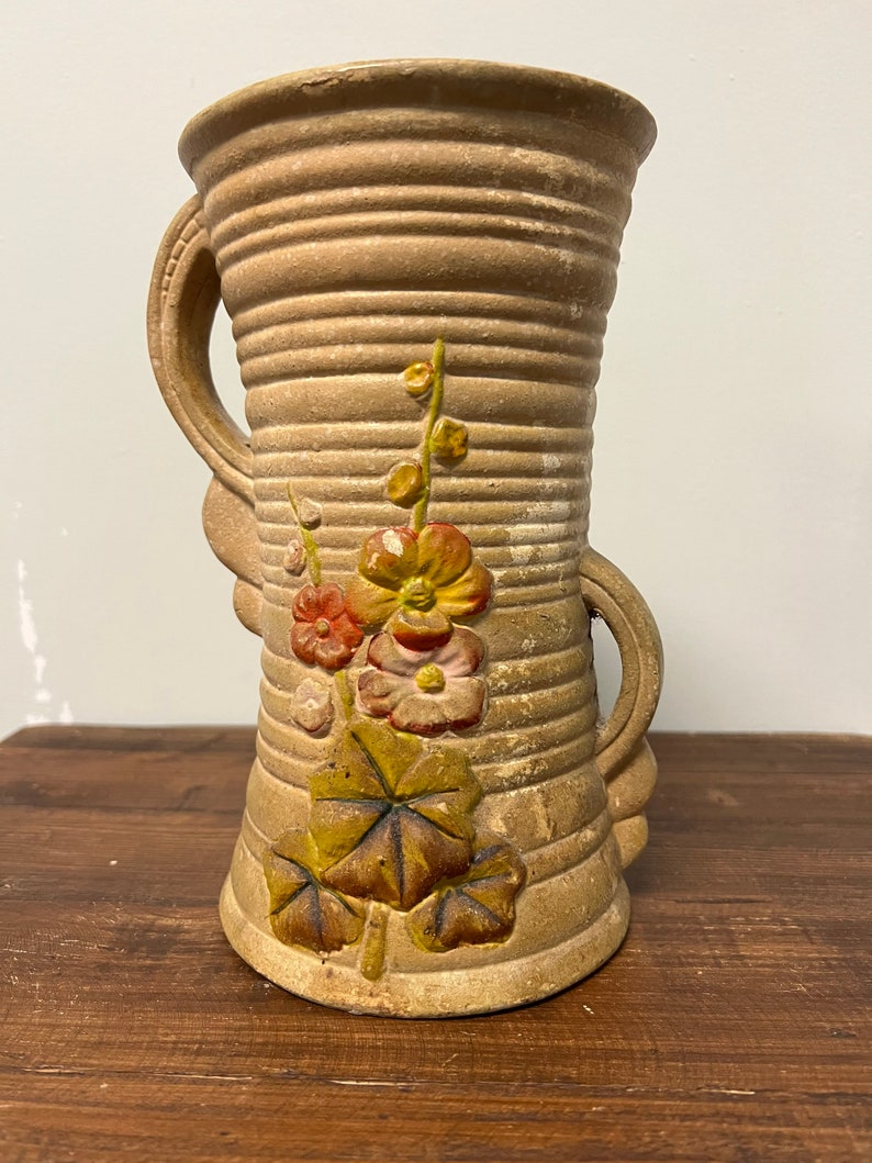 Vintage Coil Vase With Double Handles Yellow Clay With Hollyhocks - Etsy