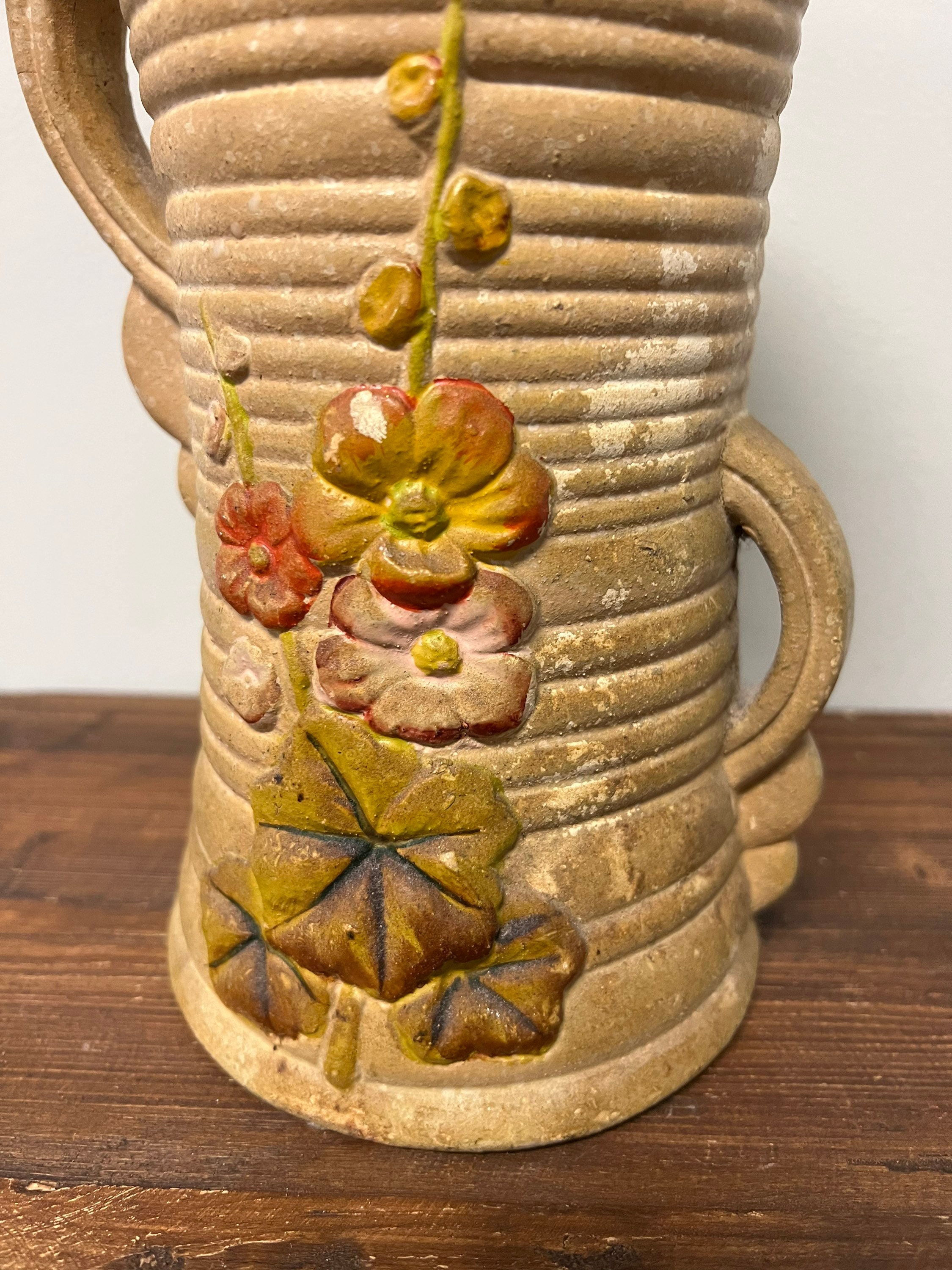 Vintage Coil Vase With Double Handles Yellow Clay With Hollyhocks - Etsy