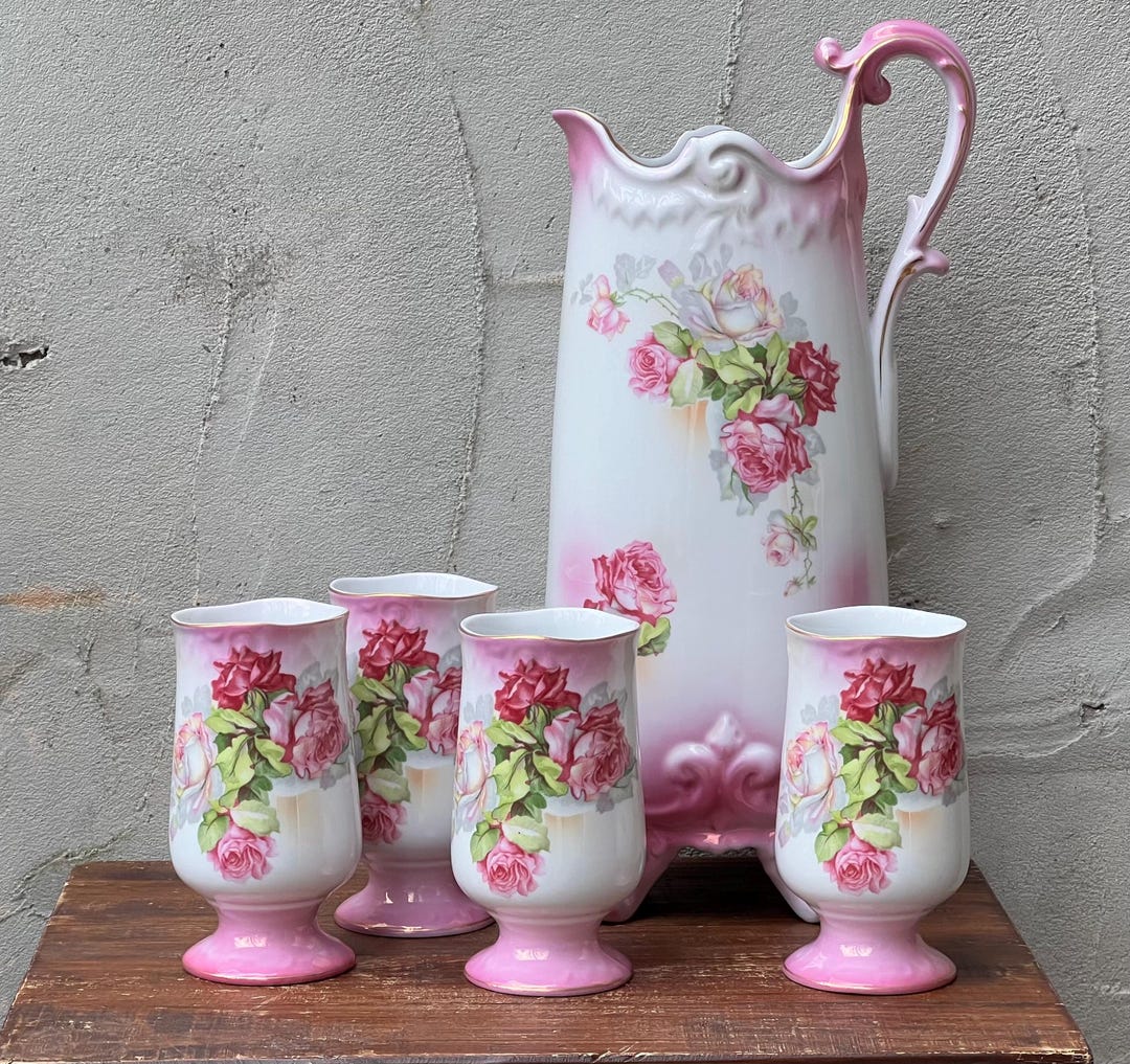 Antique Hand Painted Nippon Water Pitcher and Glasses Pink and Gold ...