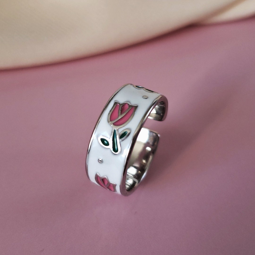 Tulip Ring, Hand Painted Flower Ring, Wide Band Ring, Chunky Silver Ring, White Band Ring ...