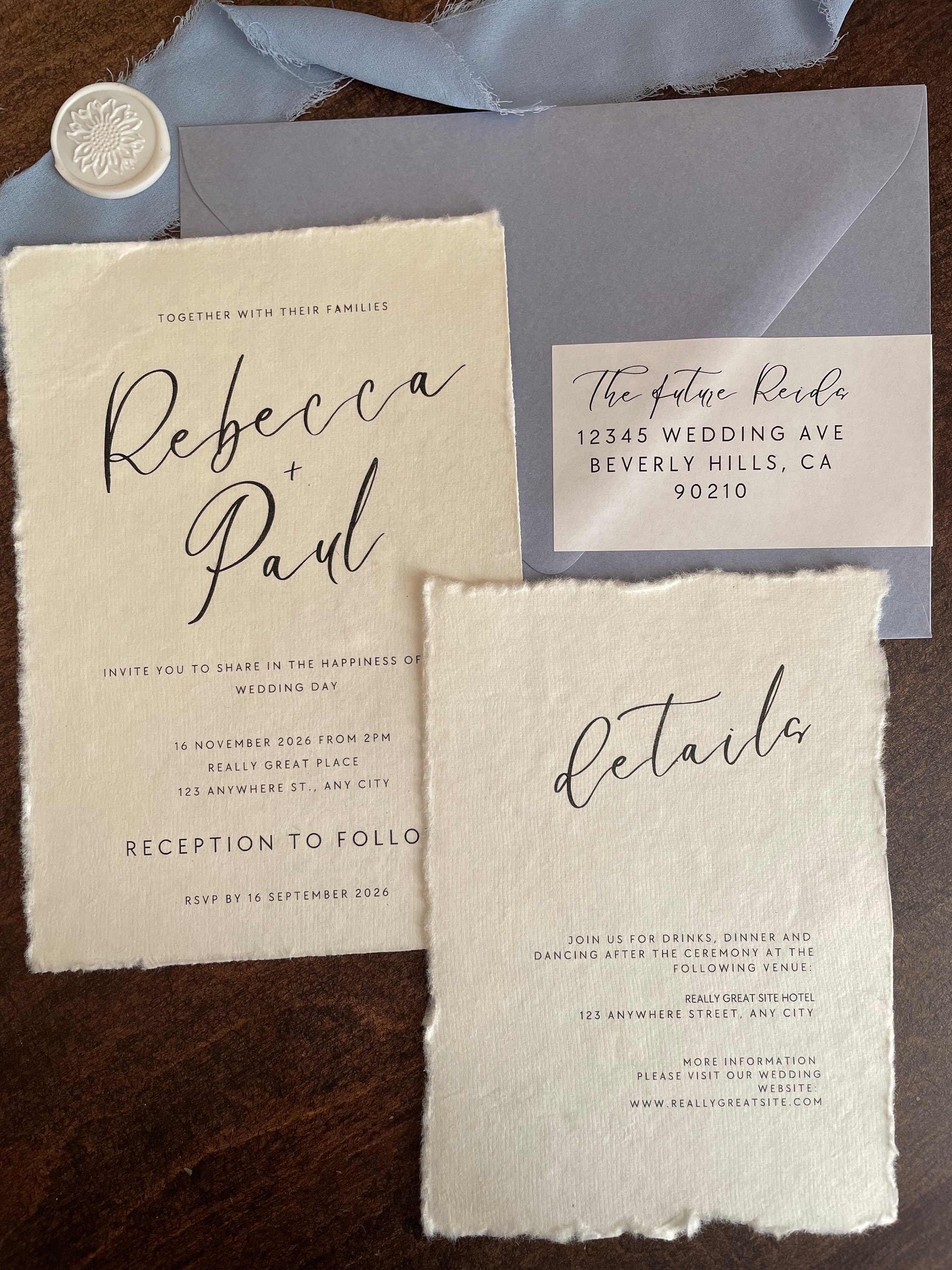 Deckled Edge Paper Wedding Invitation Suite: Chiffon Ribbon & Wax Seals ...