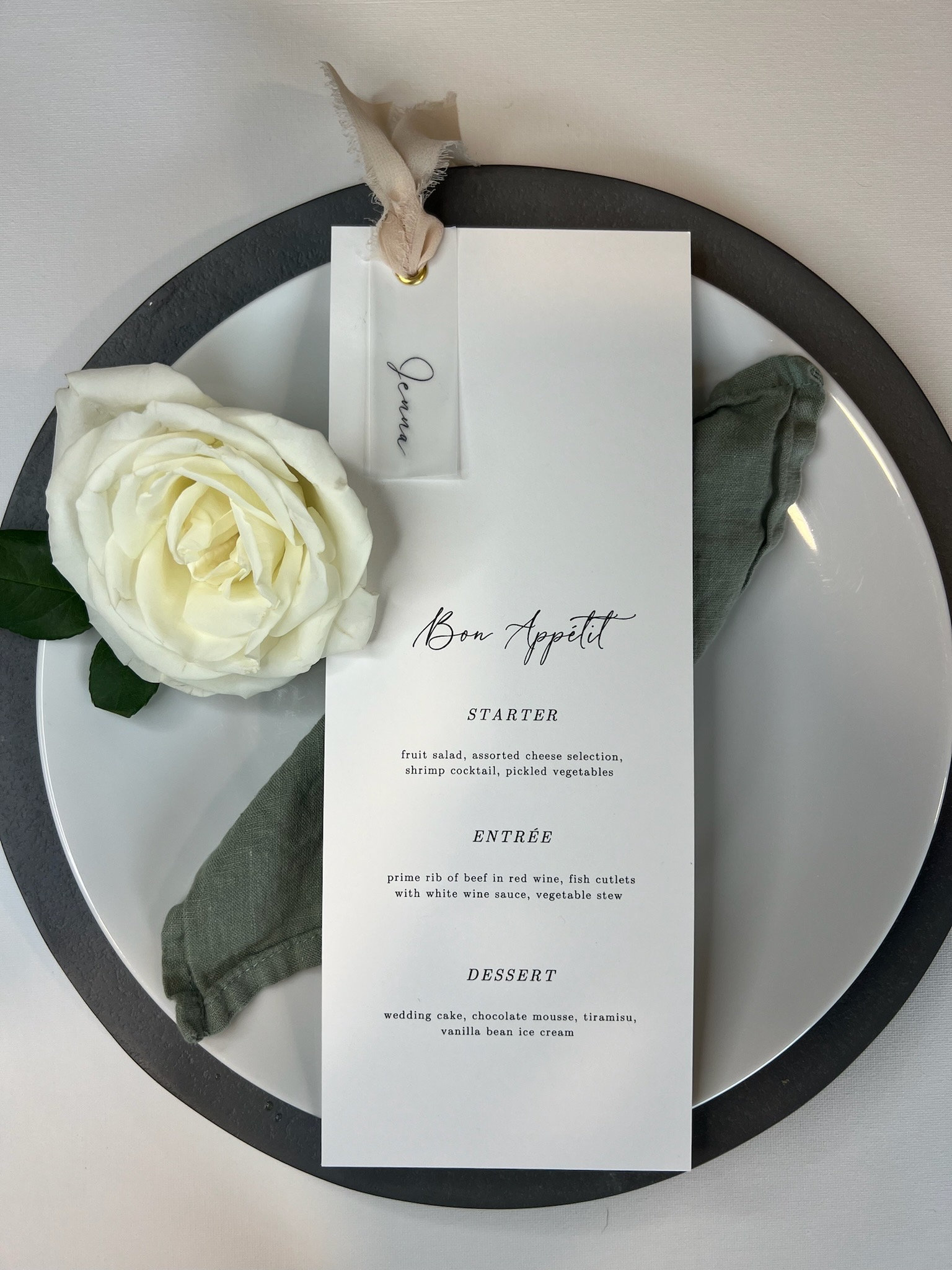Custom Wedding Menu Card: Vellum Place Card With Chiffon Ribbon & Wax ...
