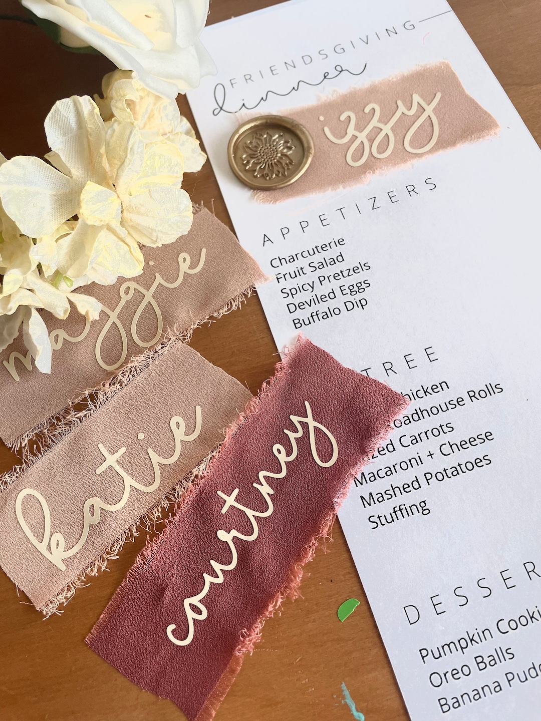 Custom Menu Cards With Chiffon Ribbon Name Tags and Wax Seals / Chiffon ...
