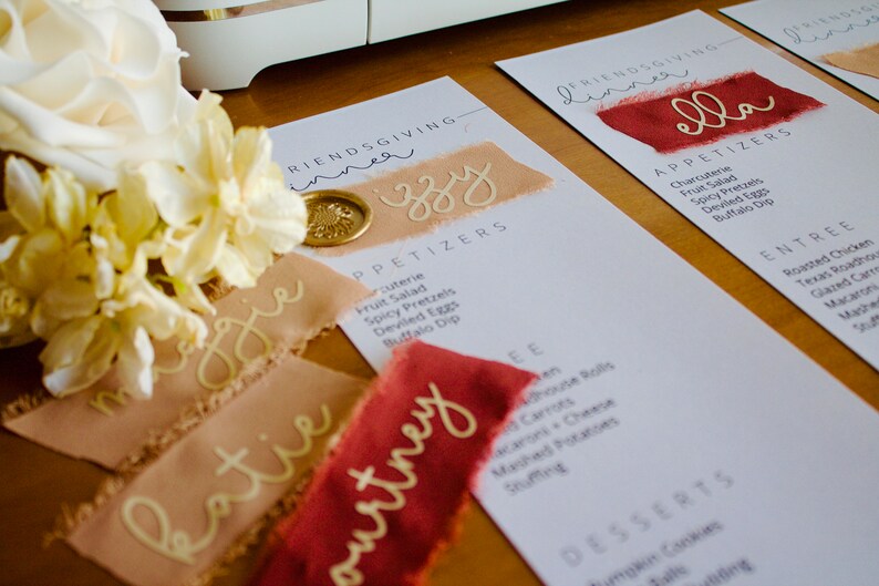 Custom Menu Cards With Chiffon Ribbon Name Tags and Wax Seals / Chiffon ...