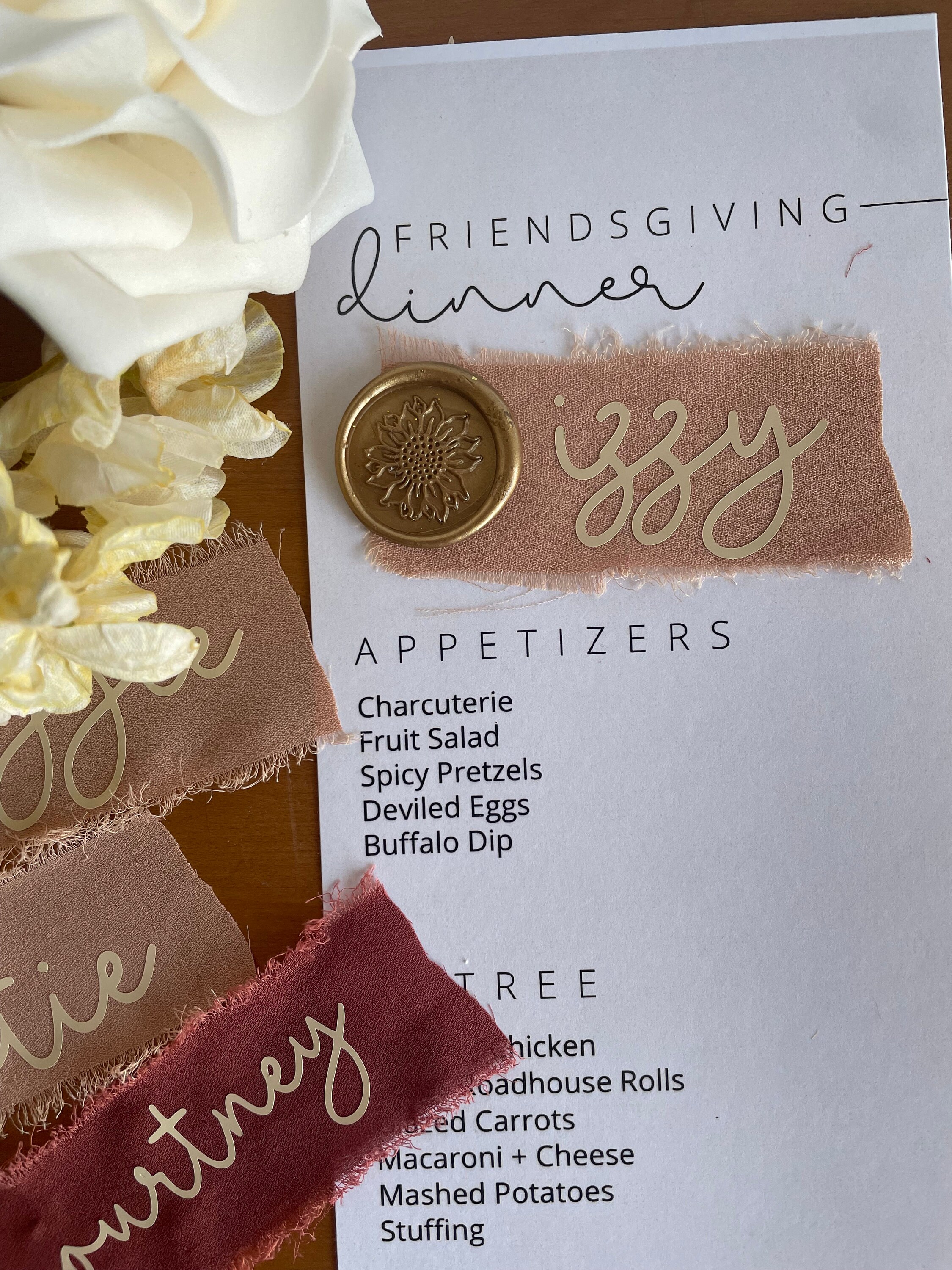Custom Menu Cards With Chiffon Ribbon Name Tags and Wax Seals / Chiffon ...