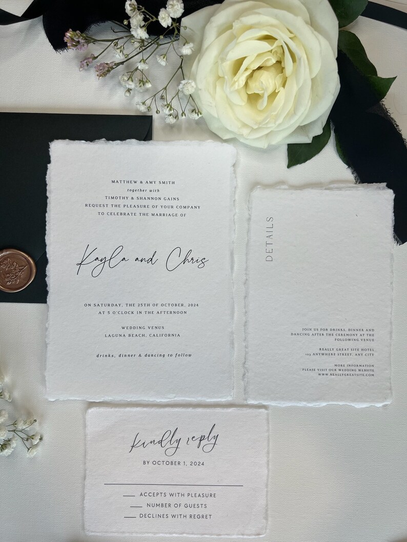 Deckled Edge Paper Wedding Invitation Suite / Chiffon Ribbon / Wax Seal ...