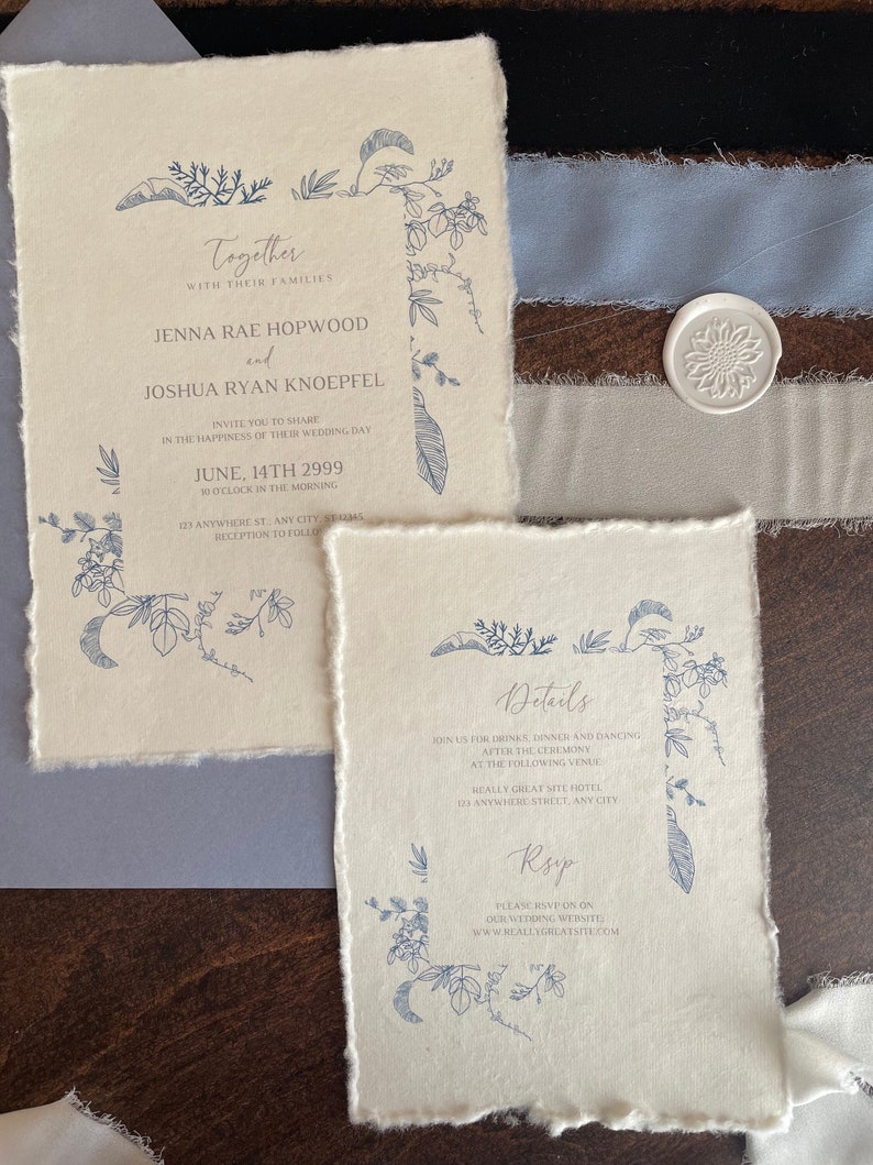 Deckled Edge Paper Wedding Invitation Suite With Chiffon Ribbon and Wax ...