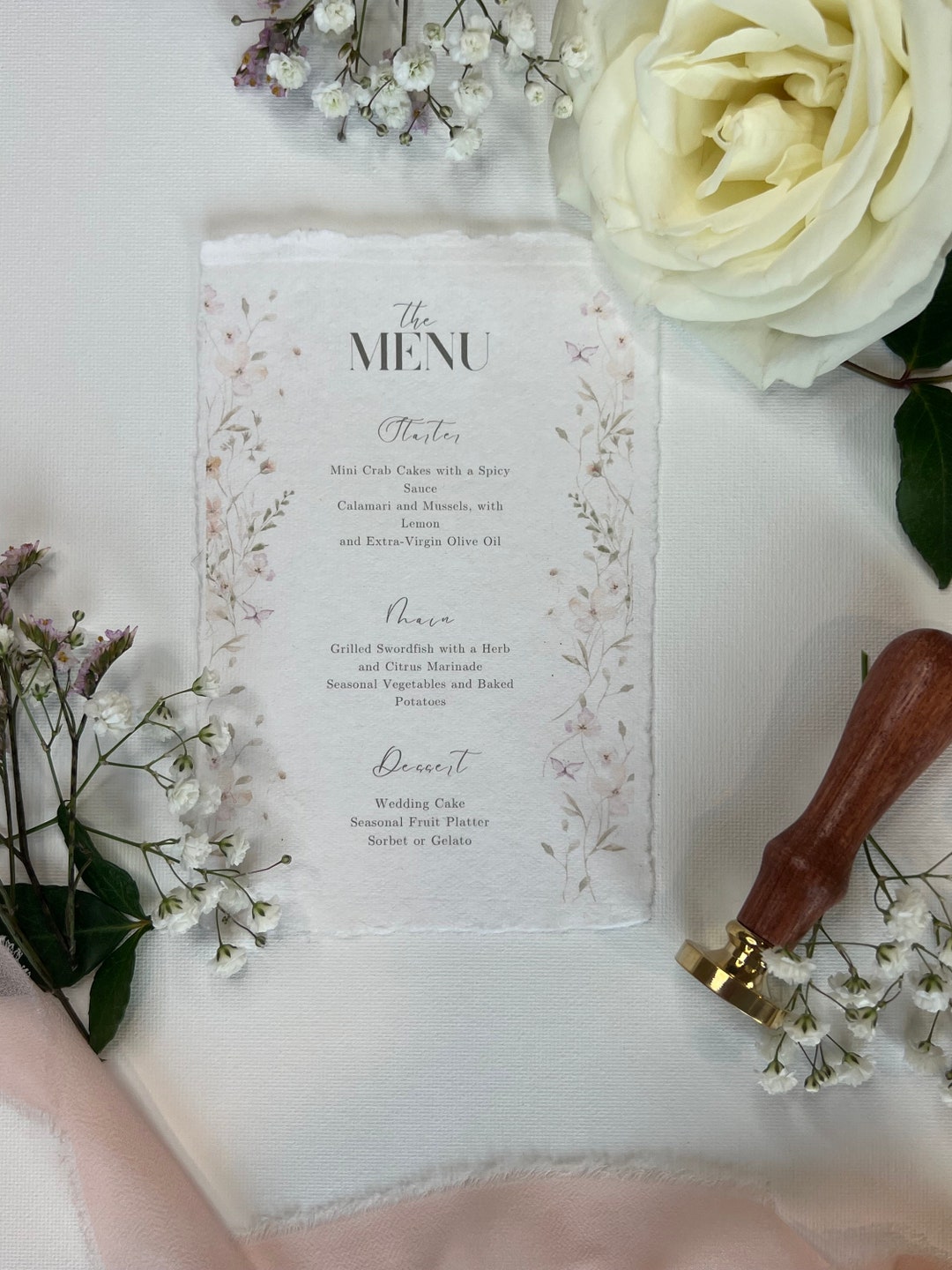 Deckled Edge Paper Menu With Chiffon Ribbon and Wax Seals / Deckled ...