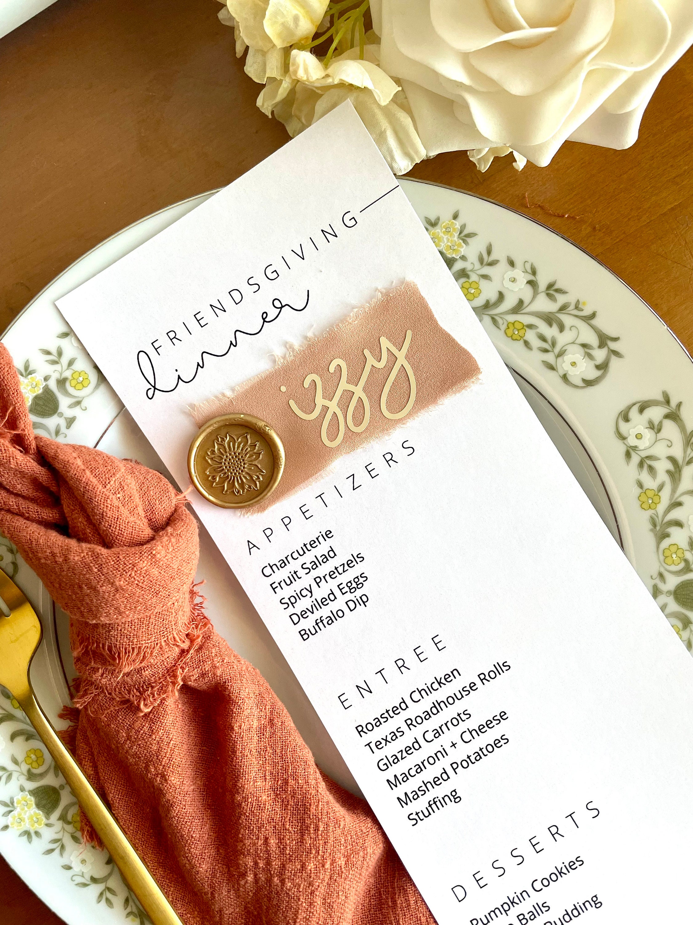 Custom Menu Cards With Chiffon Ribbon Name Tags and Wax Seals / Chiffon ...