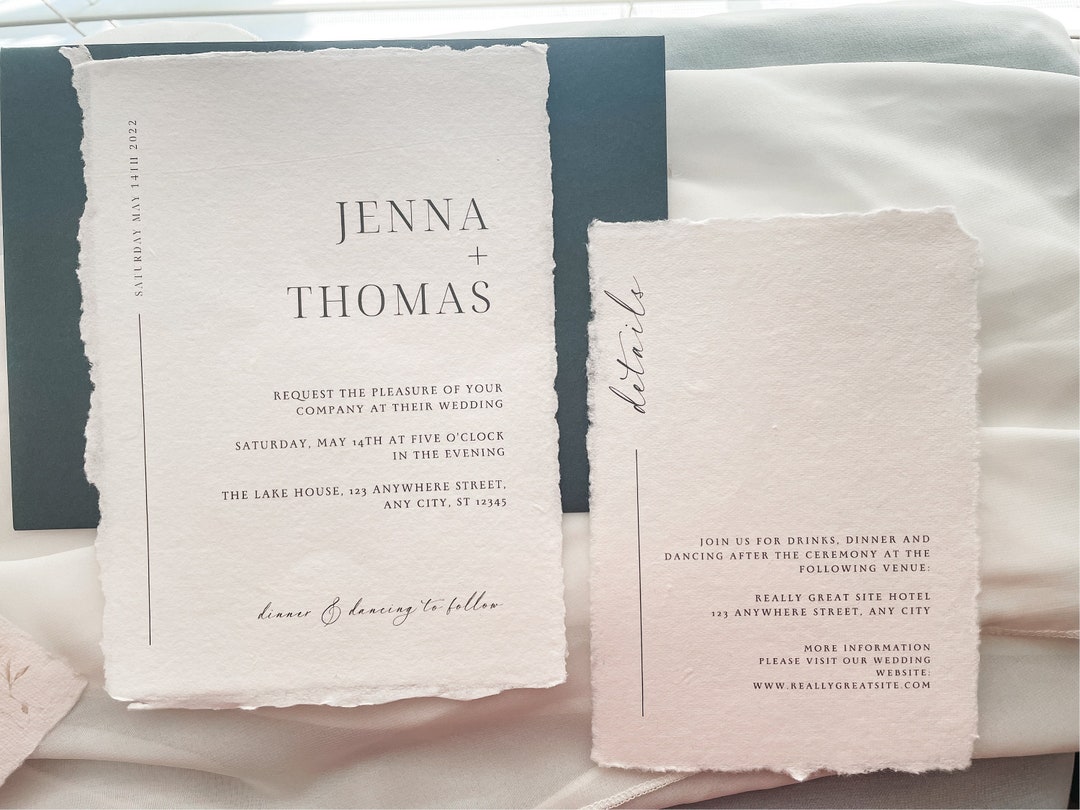 Deckled Edge Paper Wedding Invitation Suite With Chiffon Ribbon and Wax ...