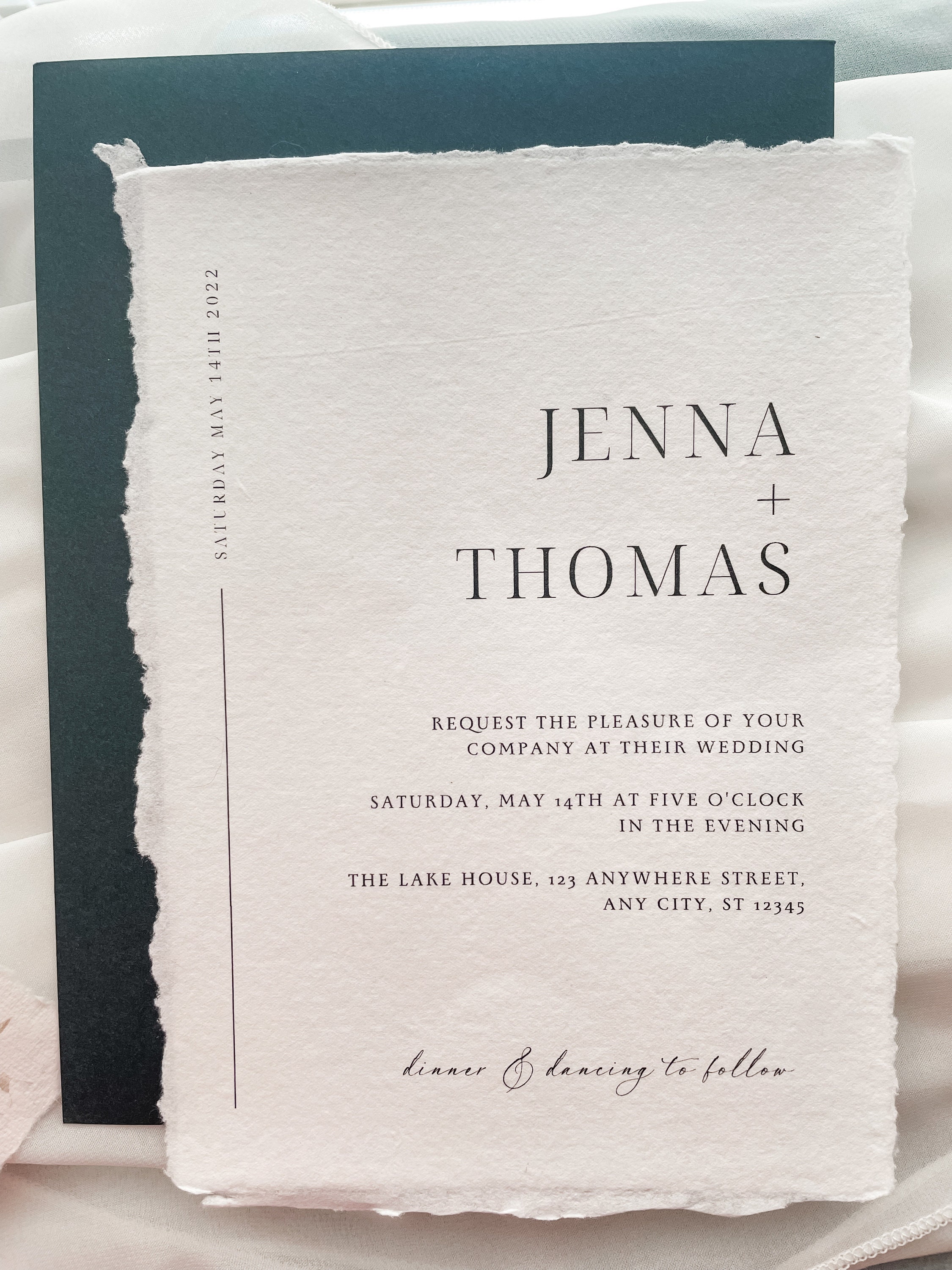 Deckled Edge Paper Wedding Invitation Suite With Chiffon Ribbon and Wax ...