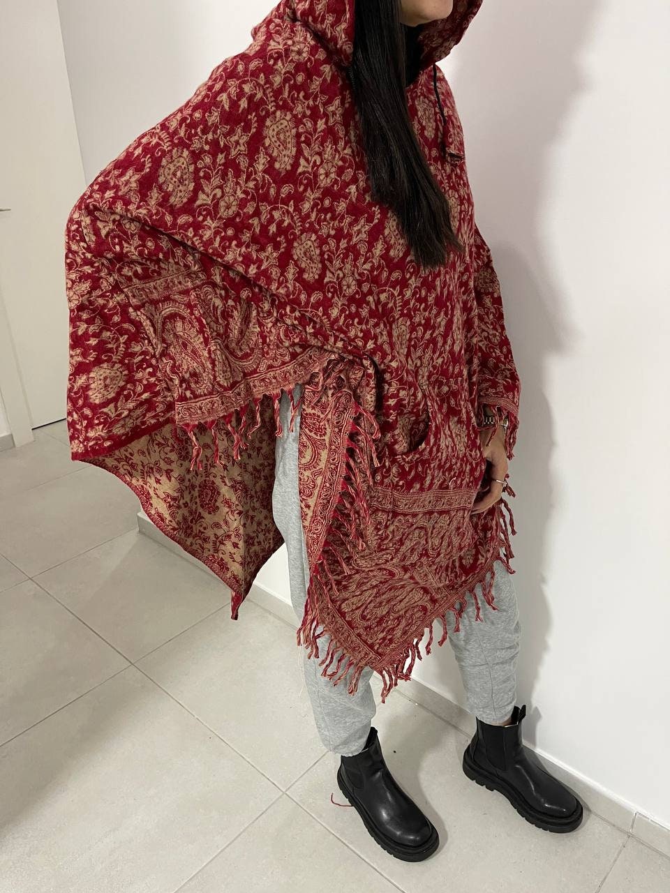 Handmade Carve Wraps Charter Club Raschel Braid Detail Kint Poncho Red ...