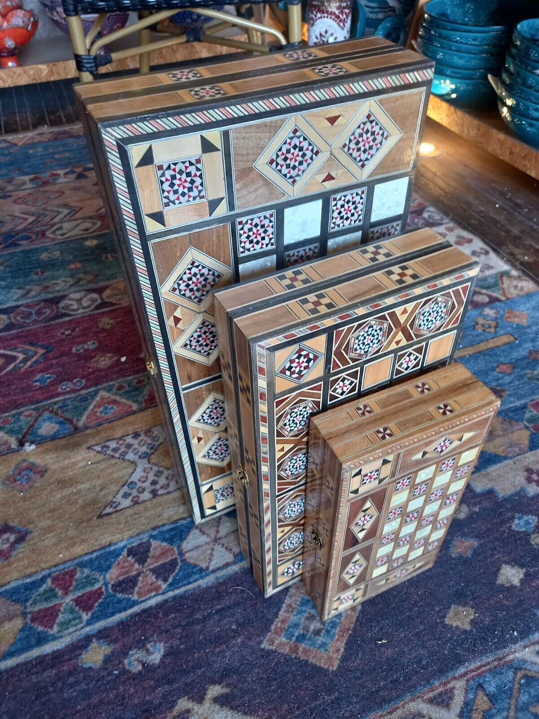 Set of Thre Arabian Style Backgammon Chest L/M/S Wooden Chips Handmade ...