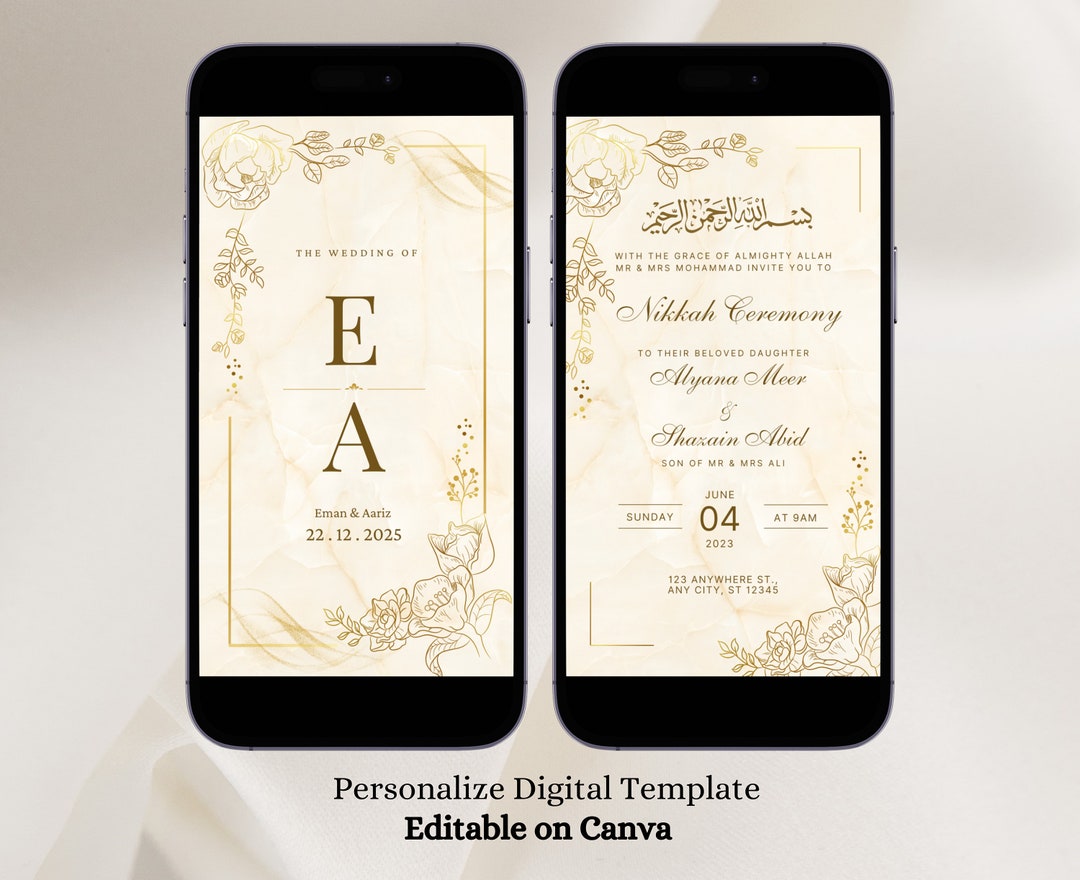 Nikkah Invitation Digital Muslim Wedding Invitation Template Gold White ...