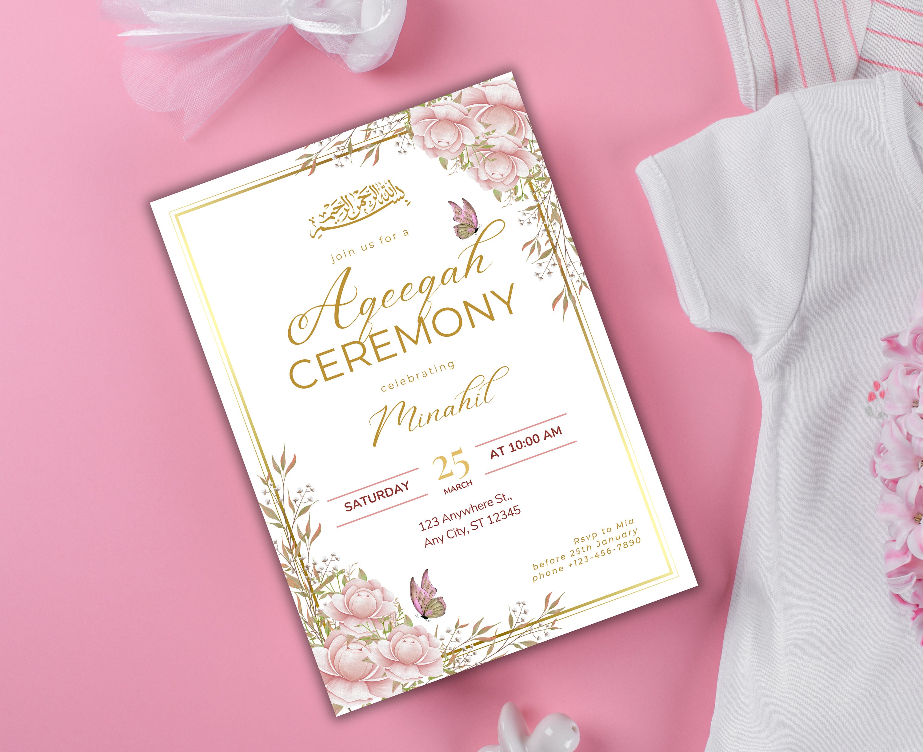 Aqiqah Invite for Baby Girl Aqeeqah Invitation Card for Girls Floral ...
