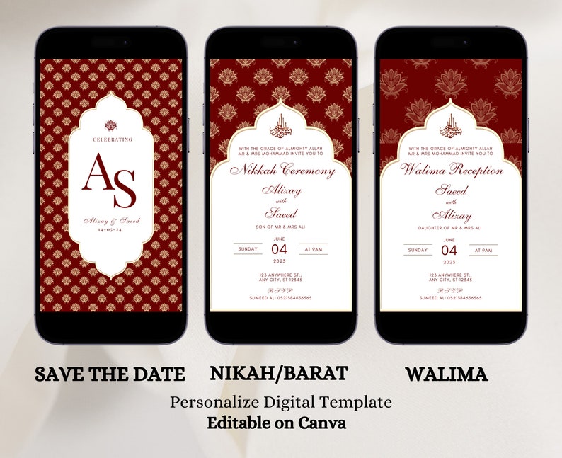 Traditional Walima Invitation Nikkah Invitation Burgundy Muslim Wedding ...