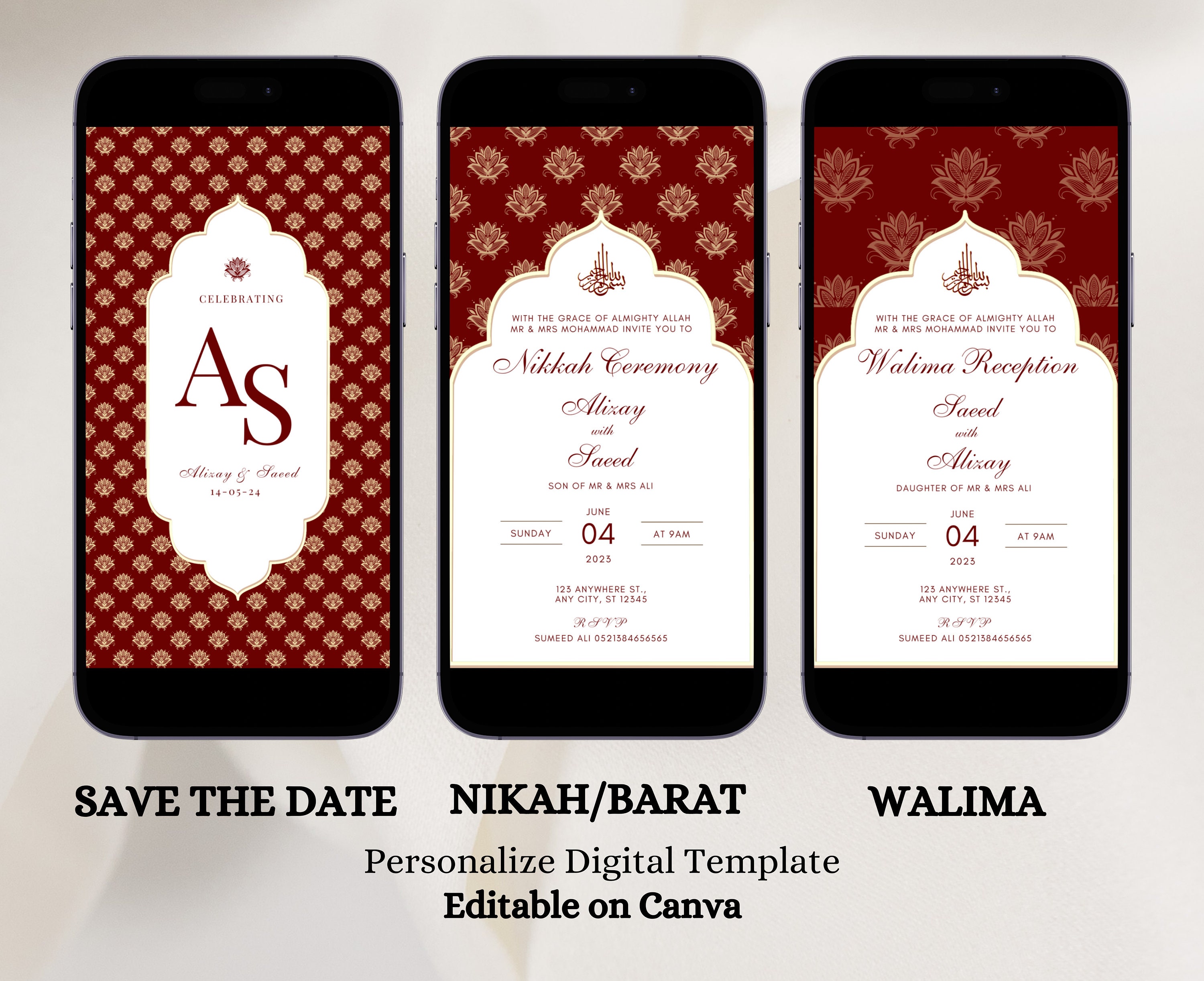 Traditional Walima Invitation Nikkah Invitation Burgundy Muslim Wedding ...