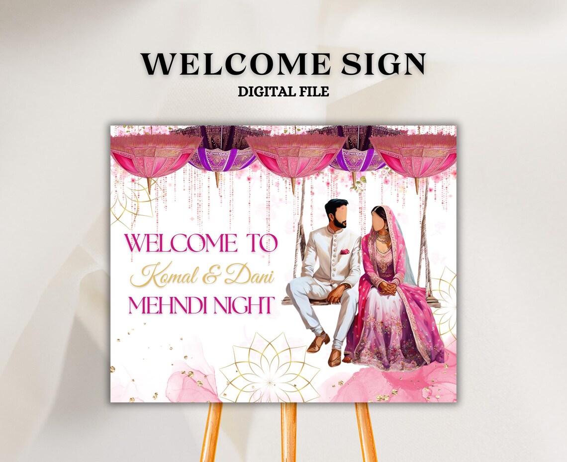Welcome Mehendi Signboard Couple Groom Bride Illustration Mehndi ...