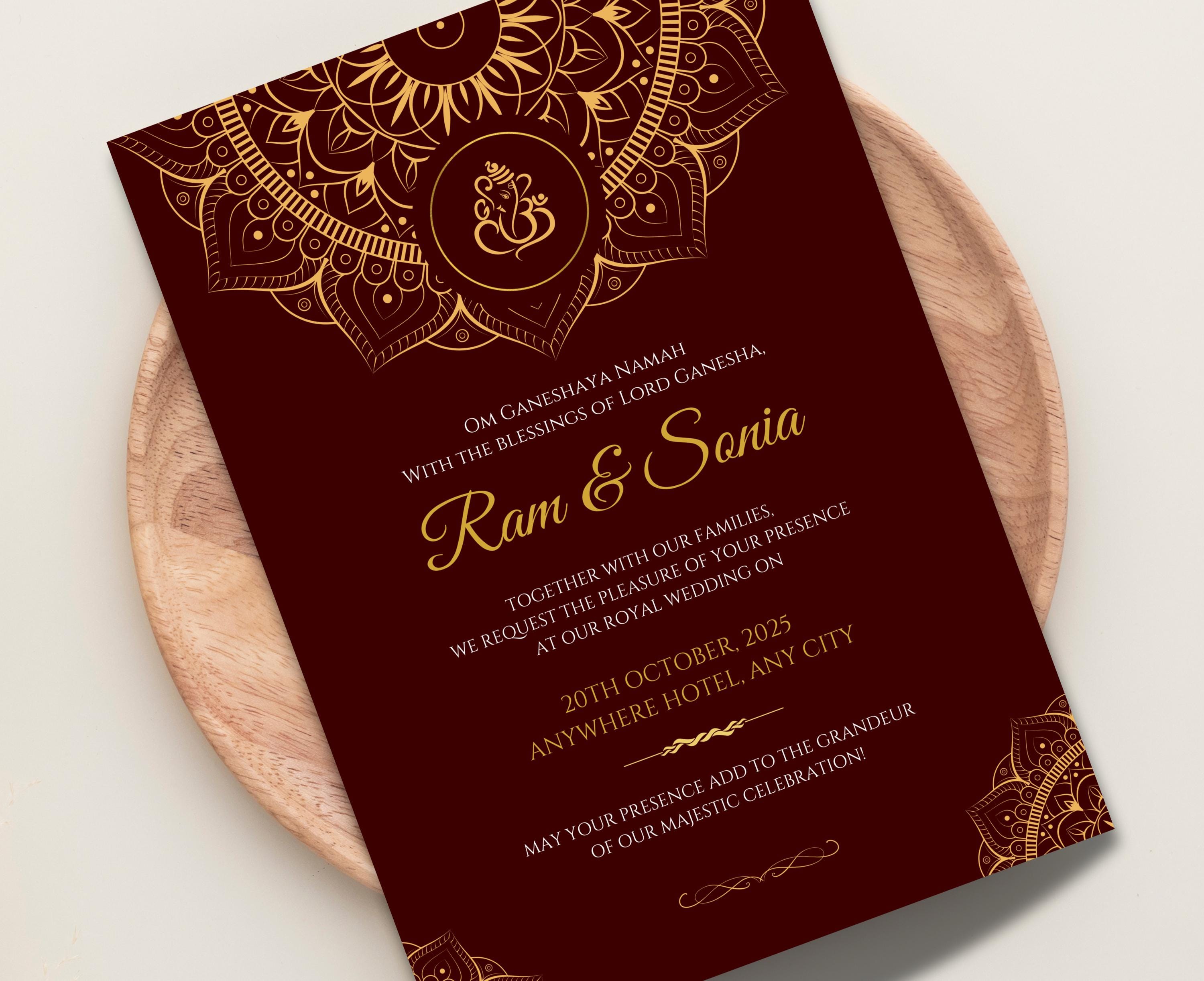 Elegant Hindu Wedding Invitation Hindu Wedding Invite Simple Gold ...
