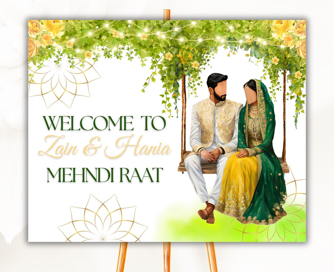 Mehndi Welcome Sign for Bride and Groom Custom Mendhi Illustration Sign ...