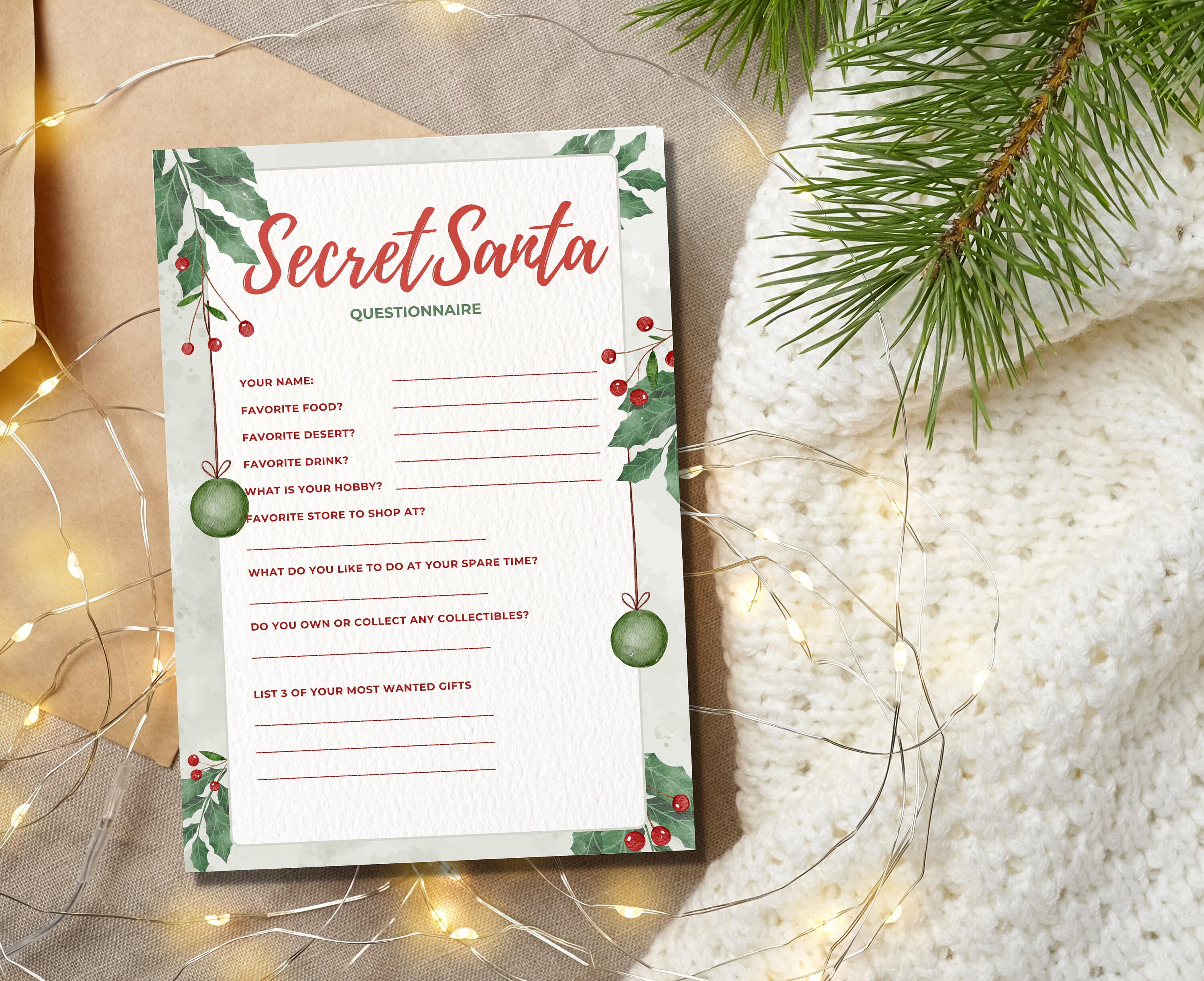 Secret Santa Questionnaire Printable Secret Santa Invitation Holiday ...