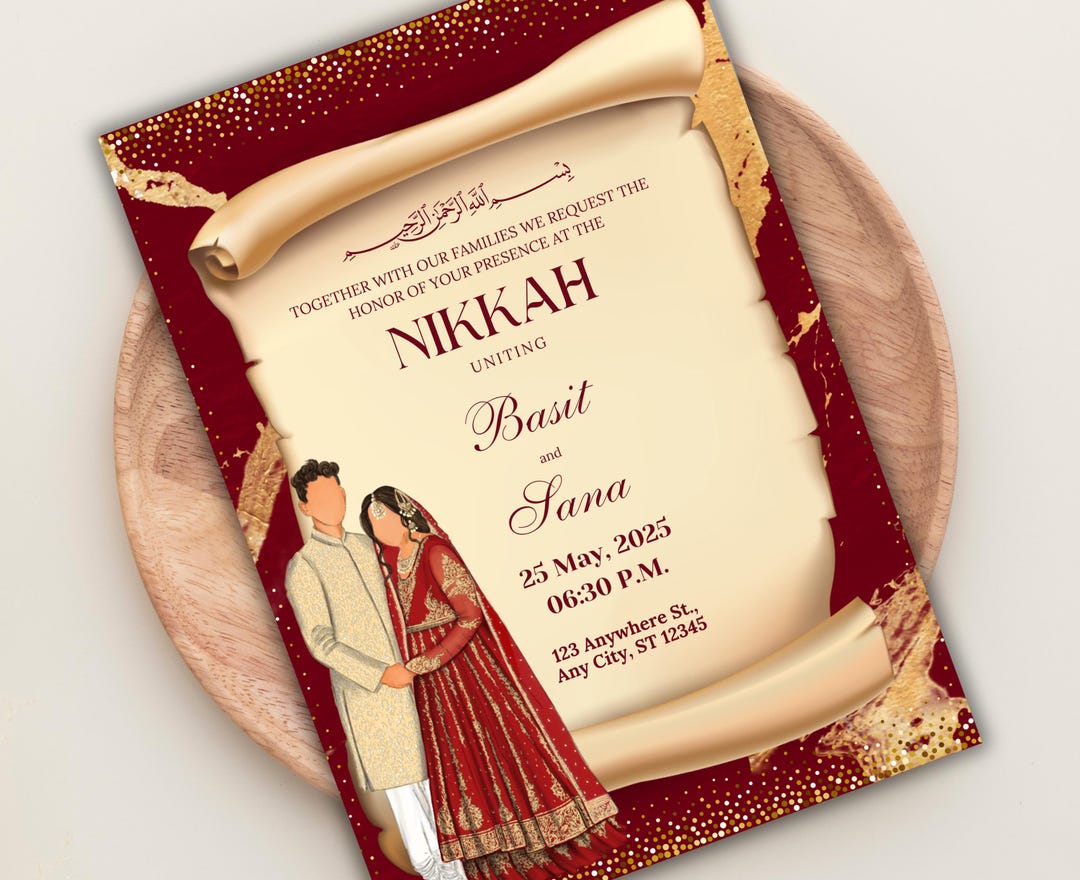 Muslim Wedding Invitation With Couple Drawing Islamic Wedding Card ...