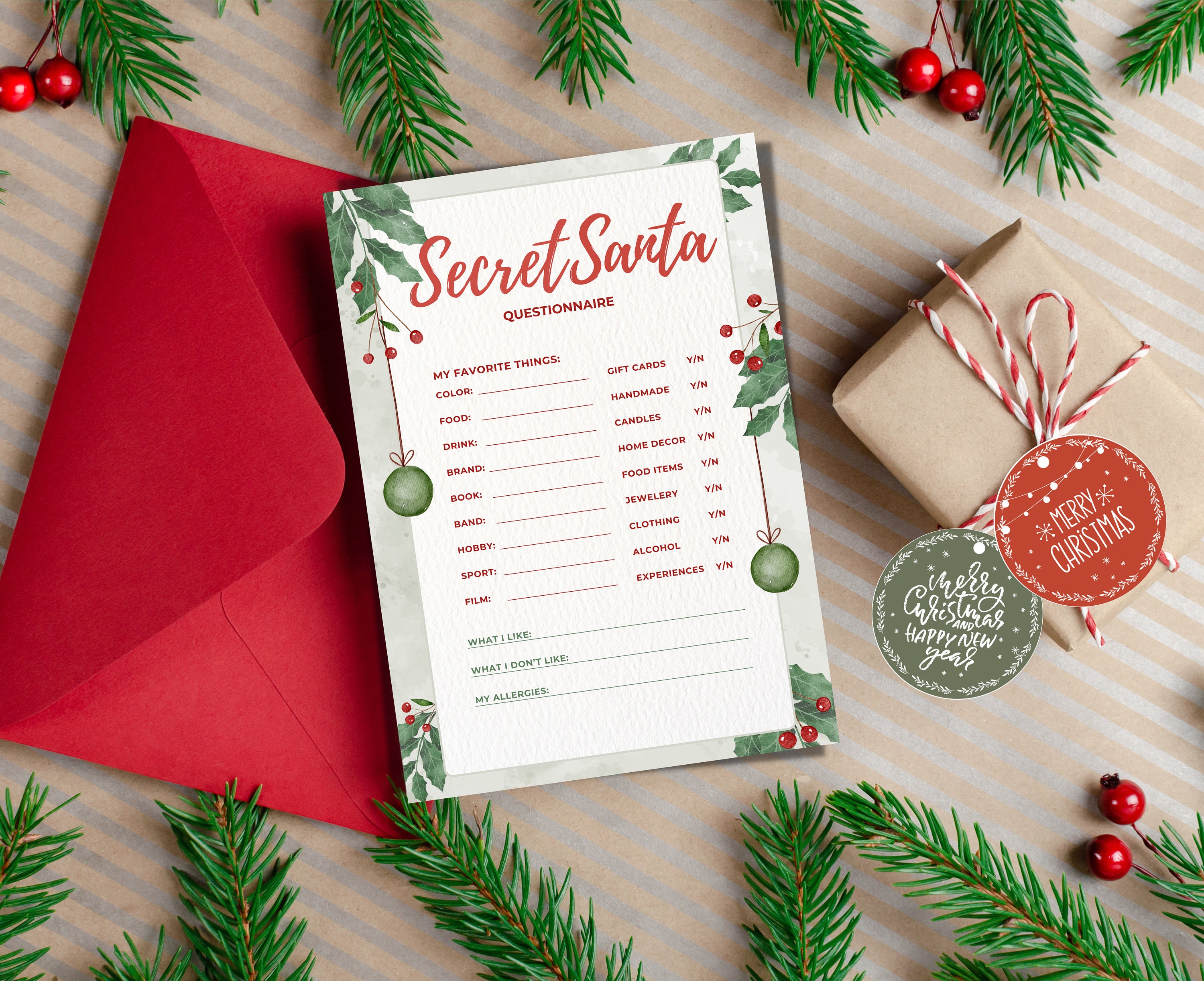 Secret Santa Questionnaire Printable Secret Santa Invitation Holiday ...