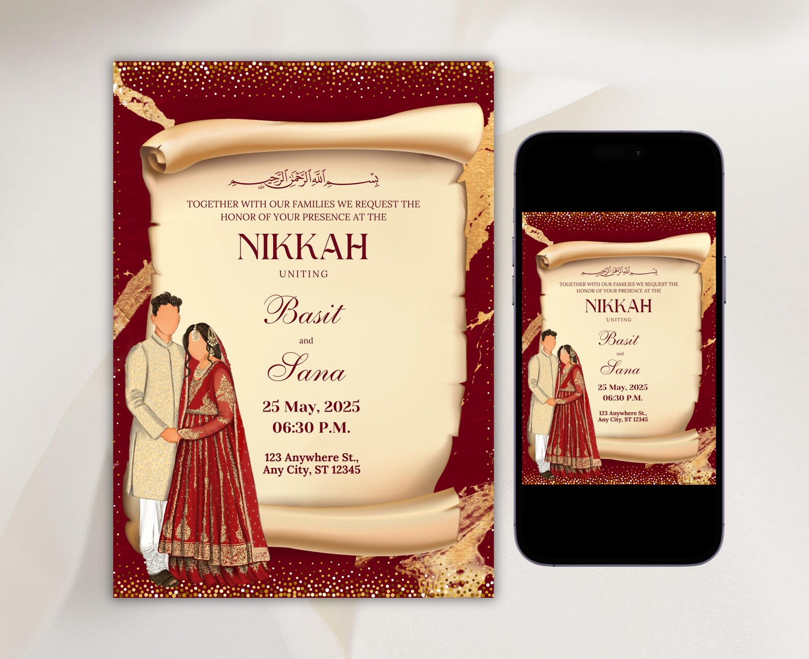 Muslim Wedding Invitation With Couple Drawing Islamic Wedding Card ...