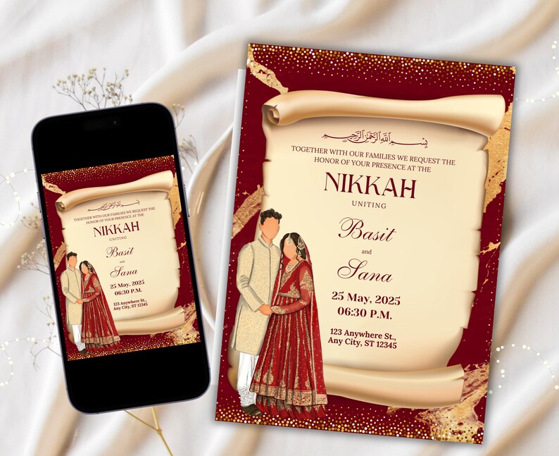Muslim Wedding Invitation With Couple Drawing Islamic Wedding Card ...