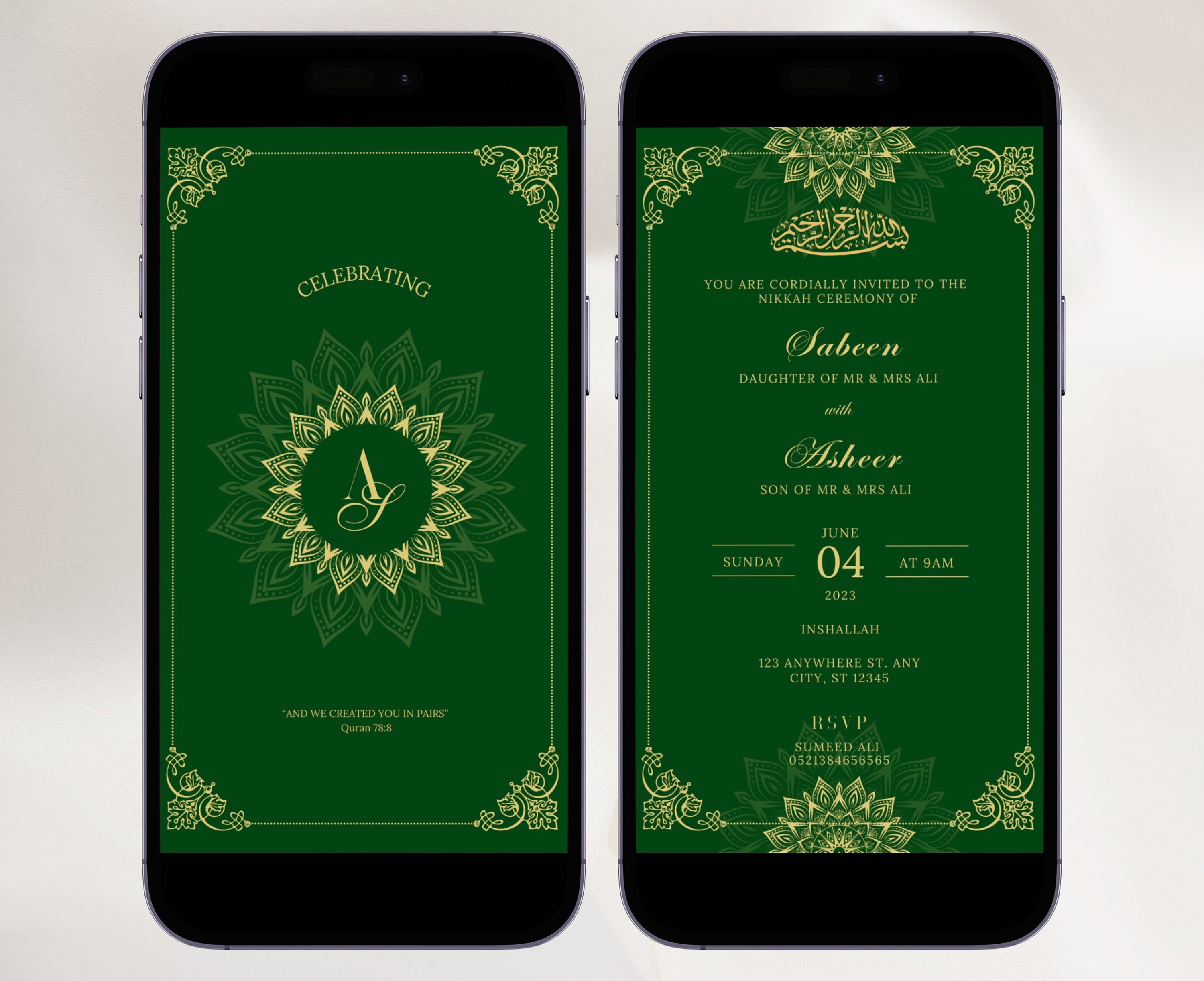 Nikkah Invitation Digital Muslim Wedding Invitation Template Gold Green ...