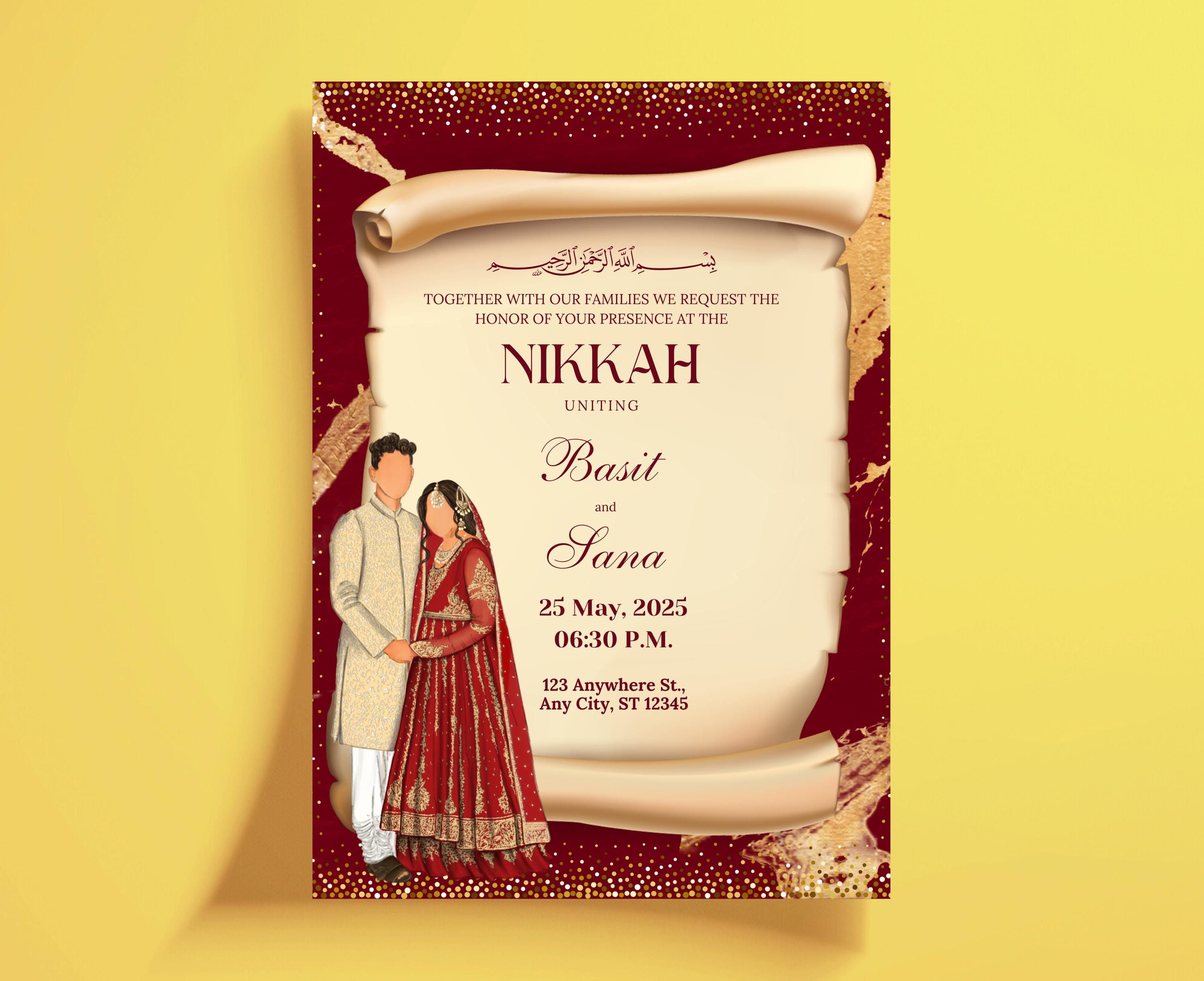 Muslim Wedding Invitation With Couple Drawing Islamic Wedding Card ...