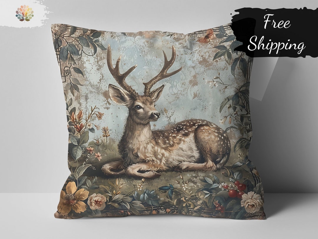 Vintage Chinoiserie Deer Pillow Cover, Elegant Floral Deer Cushion ...